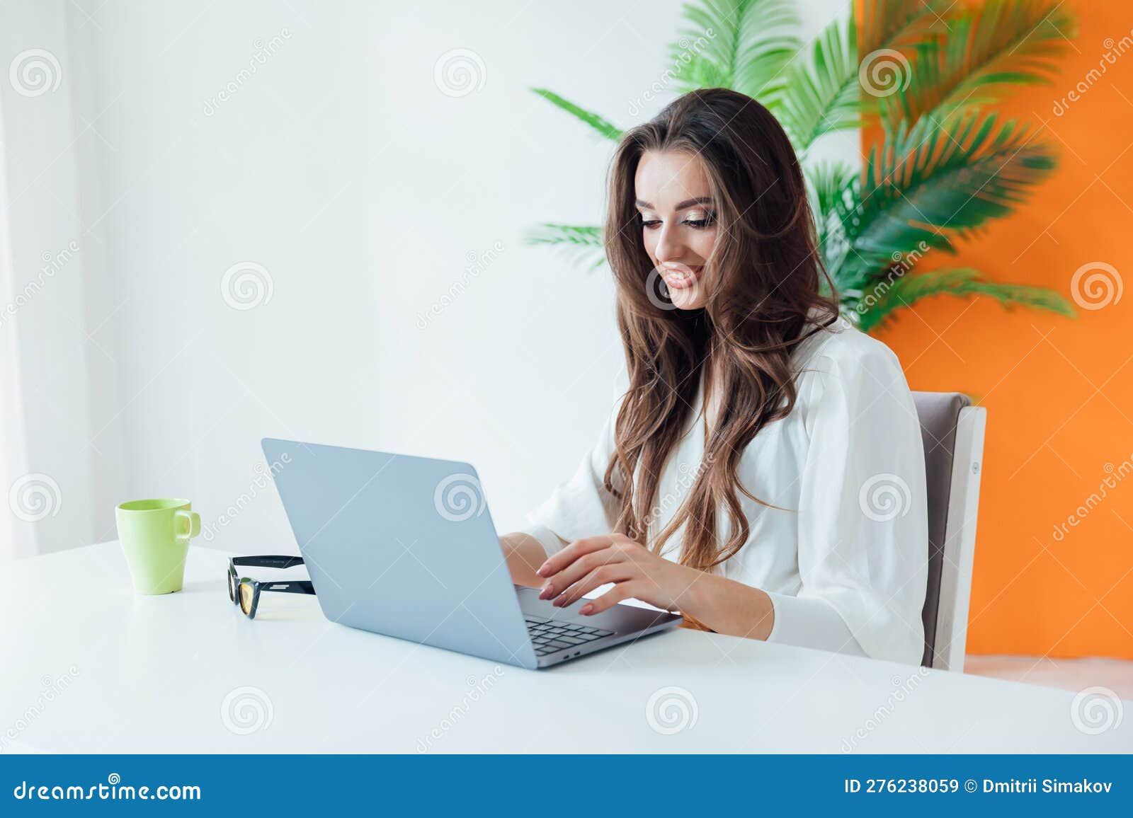 Communication Brunette at the Computer Remote Work Internet ...