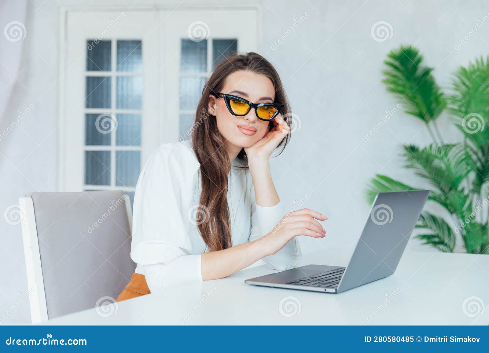 Communication Brunette at the Computer Remote Work Internet ...