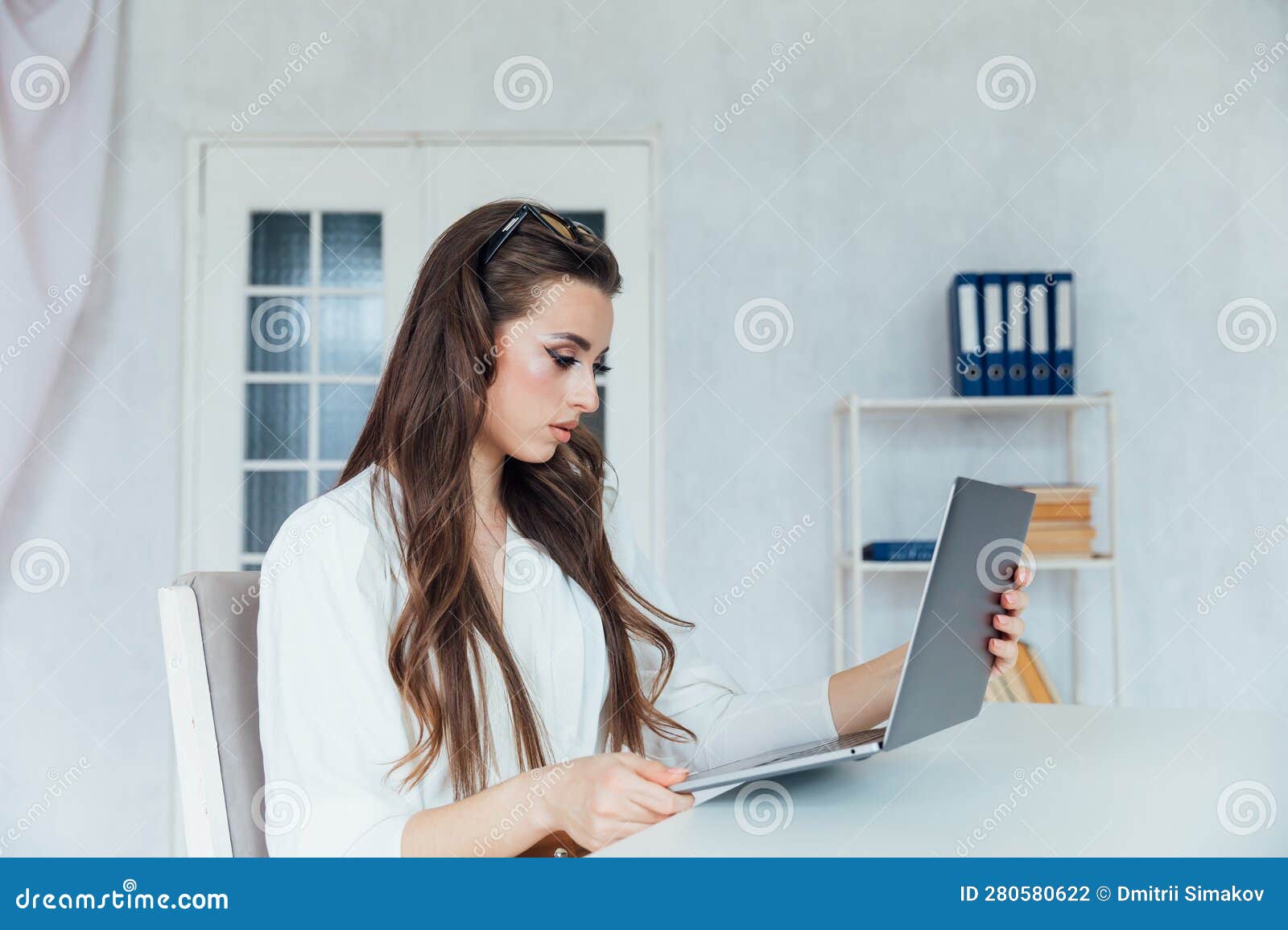 Communication Brunette at the Computer Remote Work Internet ...