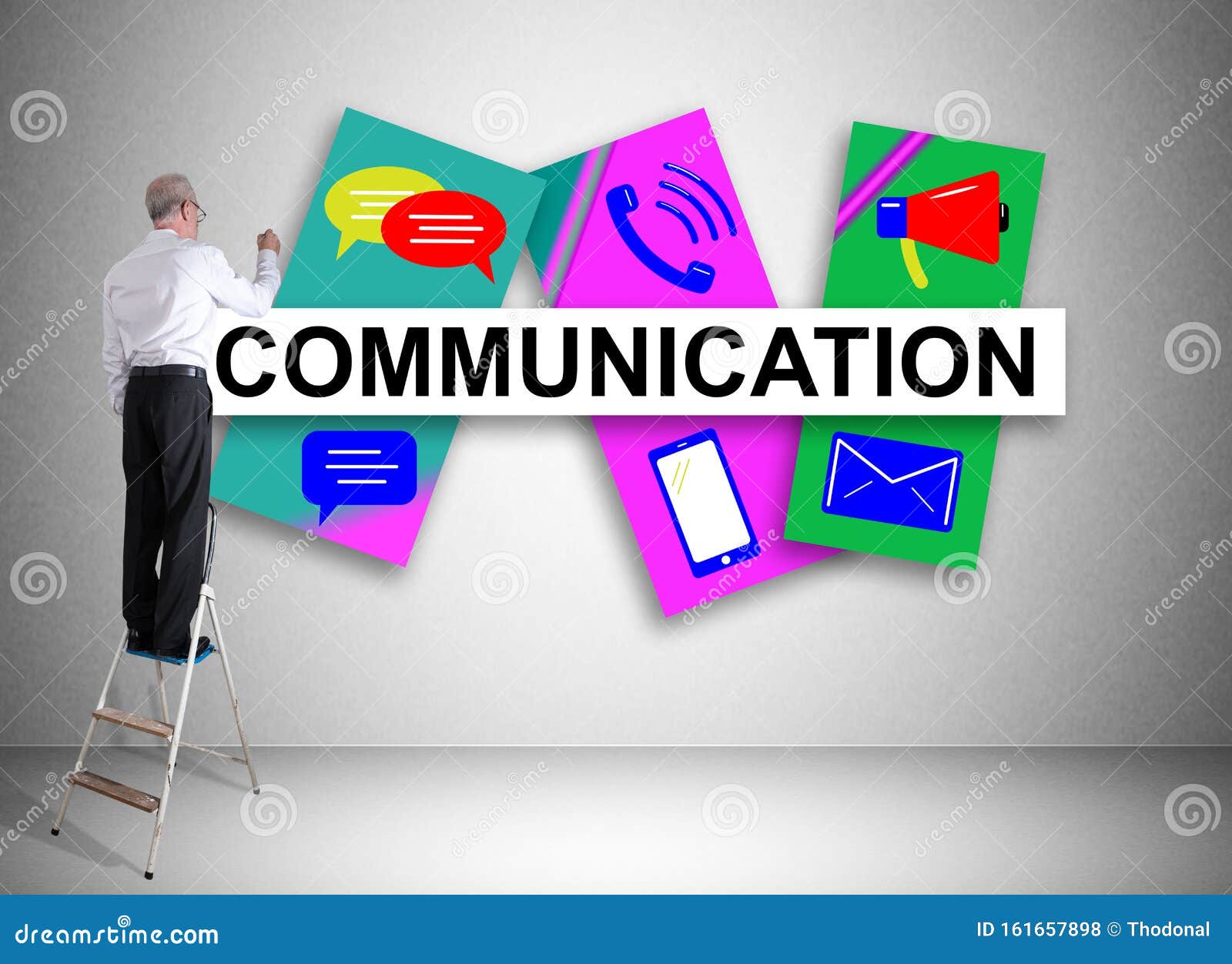 Communication Concept Drawn by a Man on a Ladder Stock Photo - Image of ...