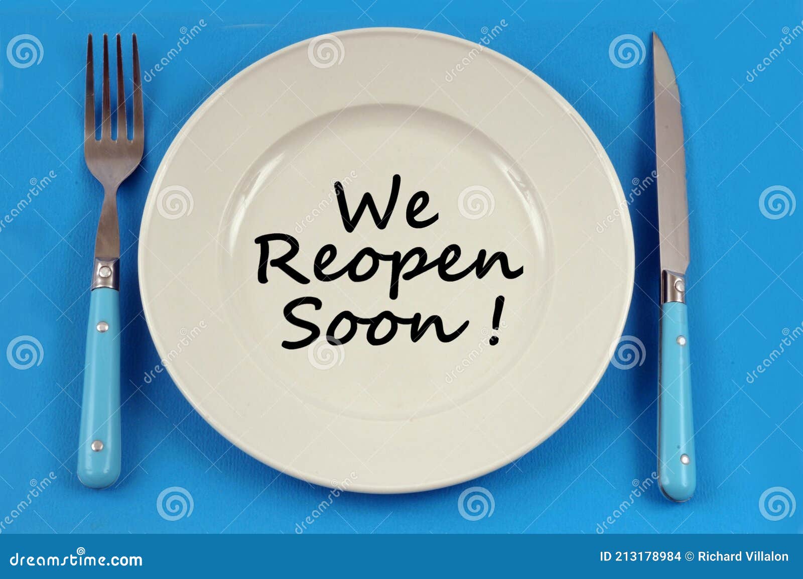 Plate on a Blue Background in Which is Written we Reopen Soon Stock ...
