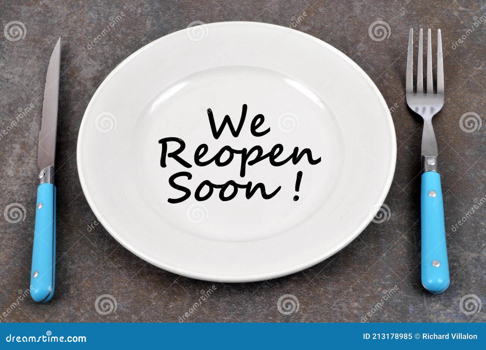 Plate on a Gray Background in Which is Written we Reopen Soon Stock ...