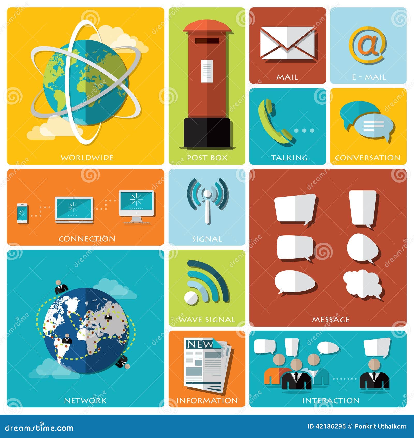 Communication and Connection Flat Icon Set Stock Vector - Illustration ...