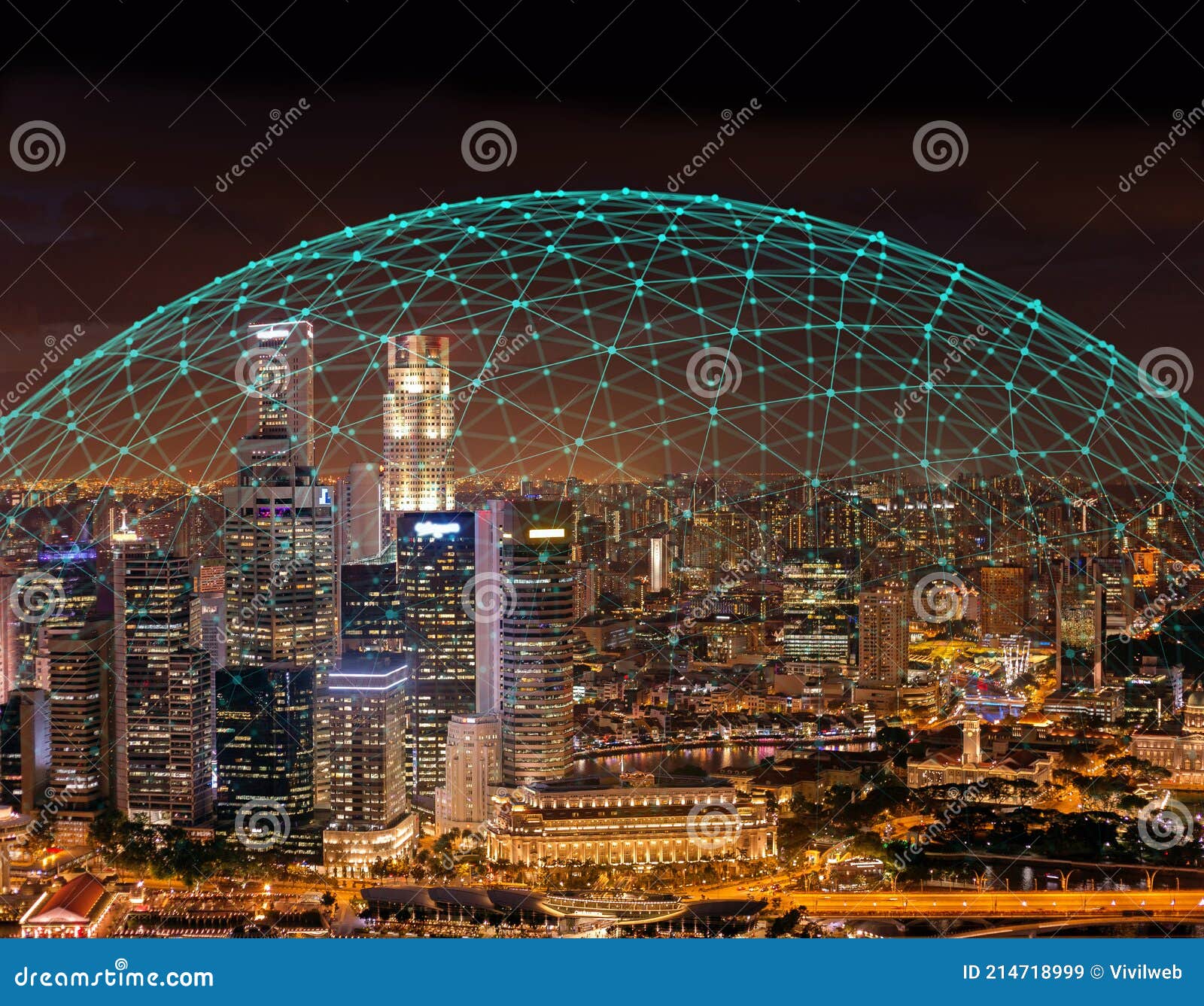 Communication Connection Network Dome Shaped Above City Skylilne at ...