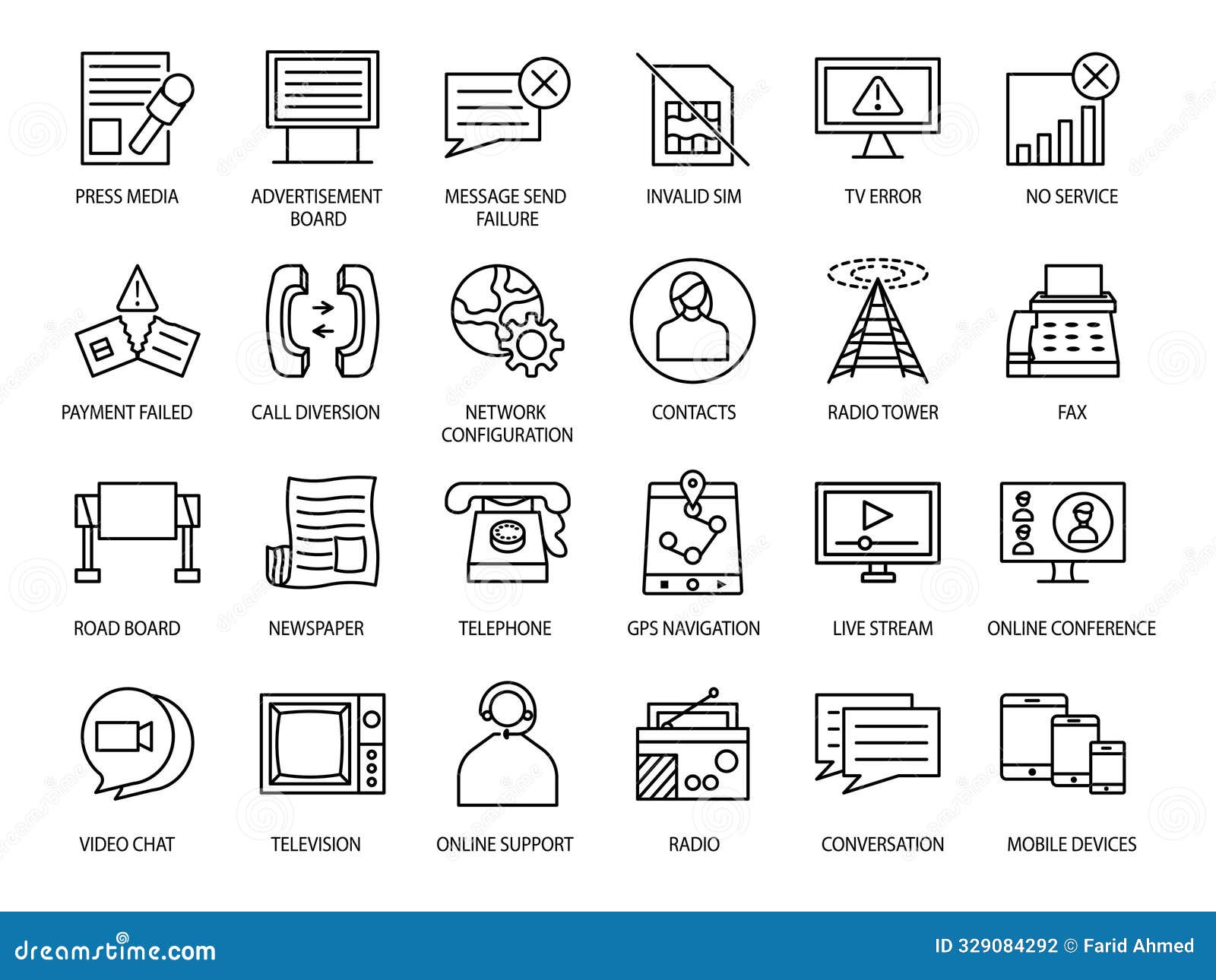 24 COMMUNICATION and CONNECTIVITY Icon SET ART LINE STROKE BLACK COLOR ...