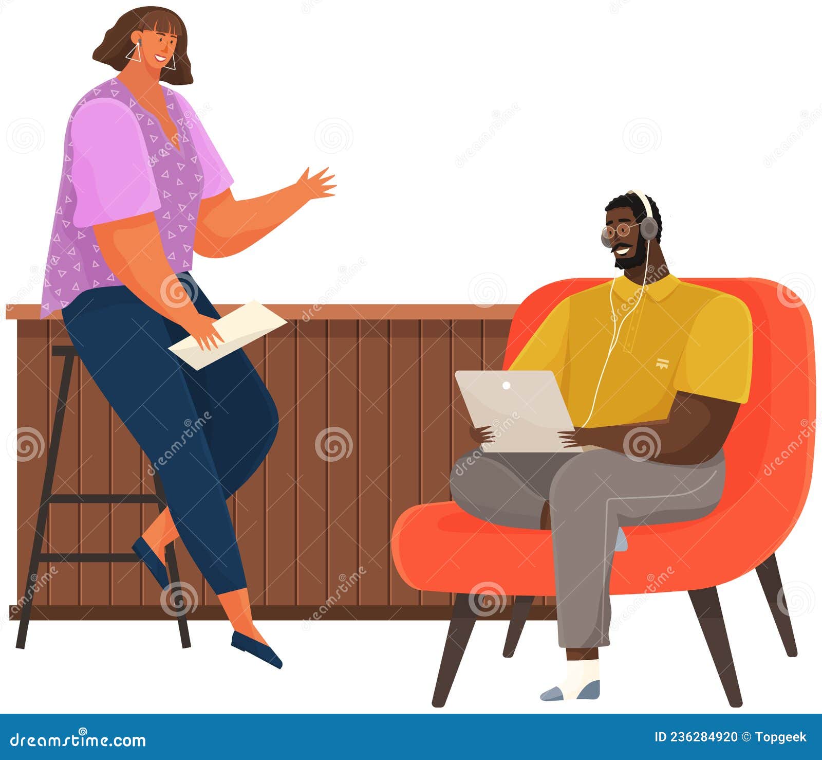 Communication, Conversation at Workplace. Colleagues Communicate ...