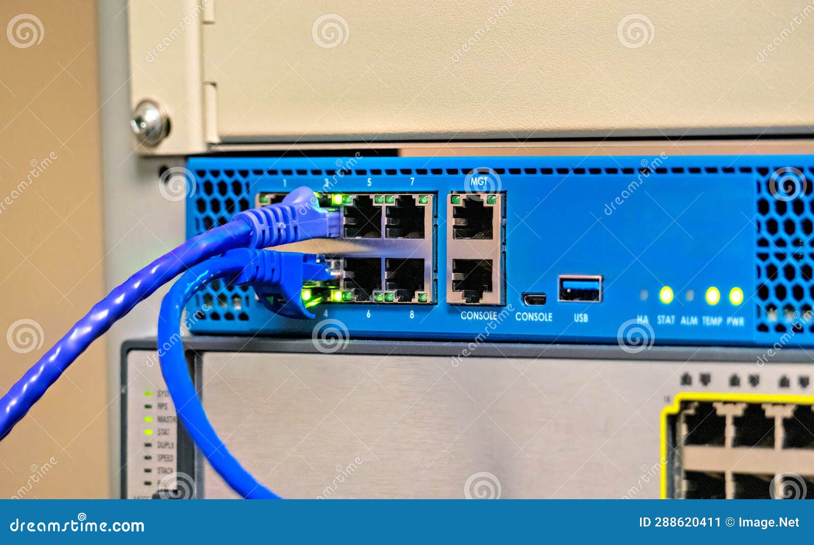 Communication Equipment Connected with Blue Copper Cables Stock Image ...