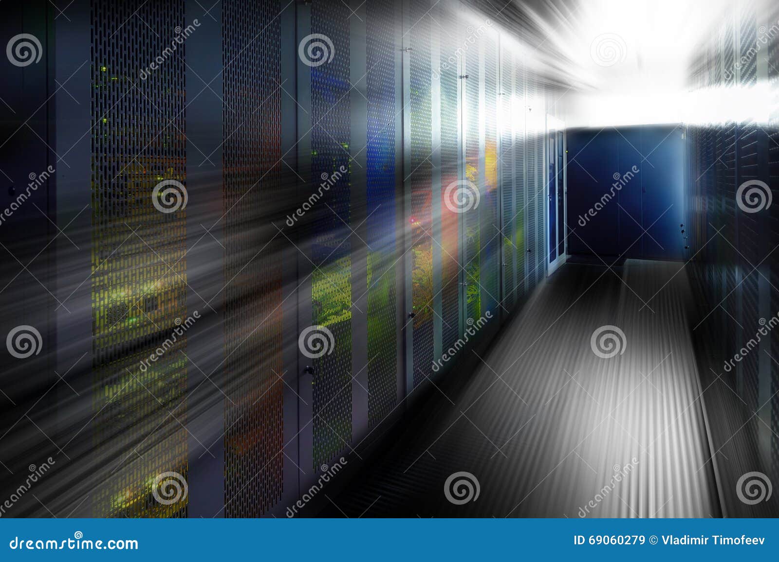 Communication Equipment Room with Lighting in the Data Center with Blur ...