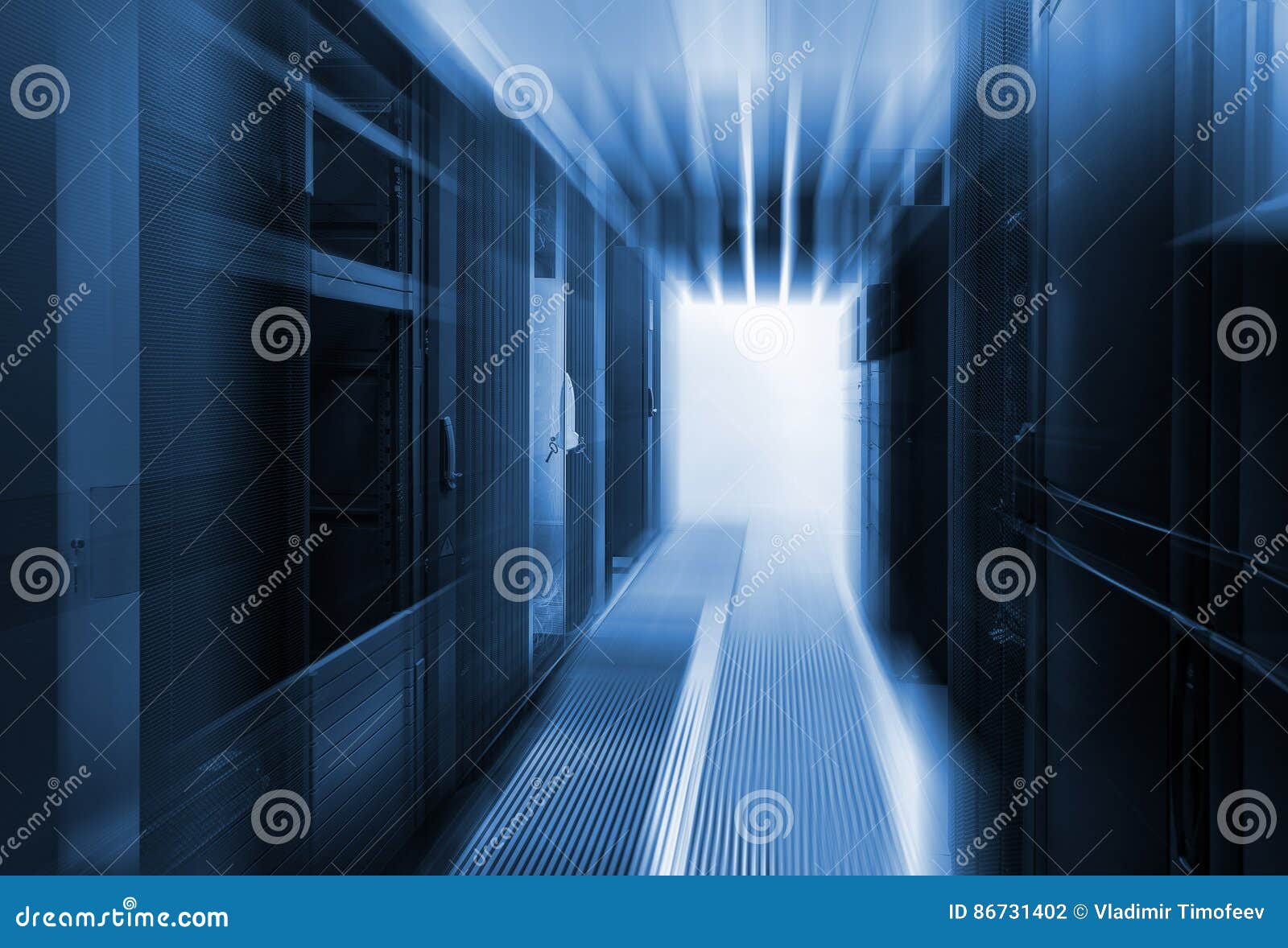 Communication Equipment Room with Lighting in Data Center with Blur and ...