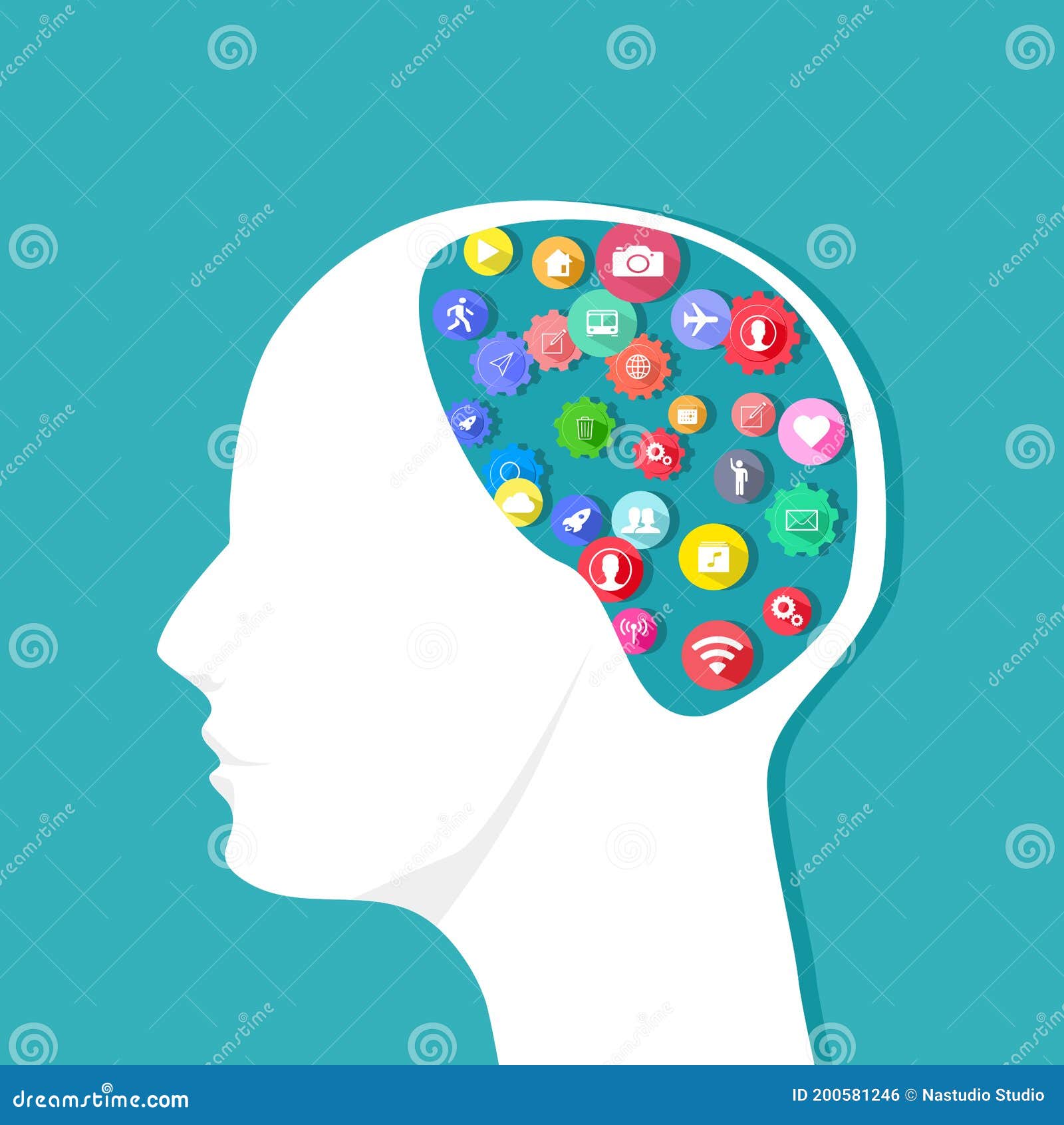 Communication Icons in the Human Head. the Brain Concept Full of ...