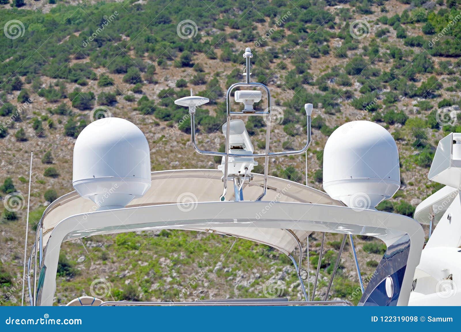 Communication and Navigation Equipment on the Mast of Ship Stock Photo ...