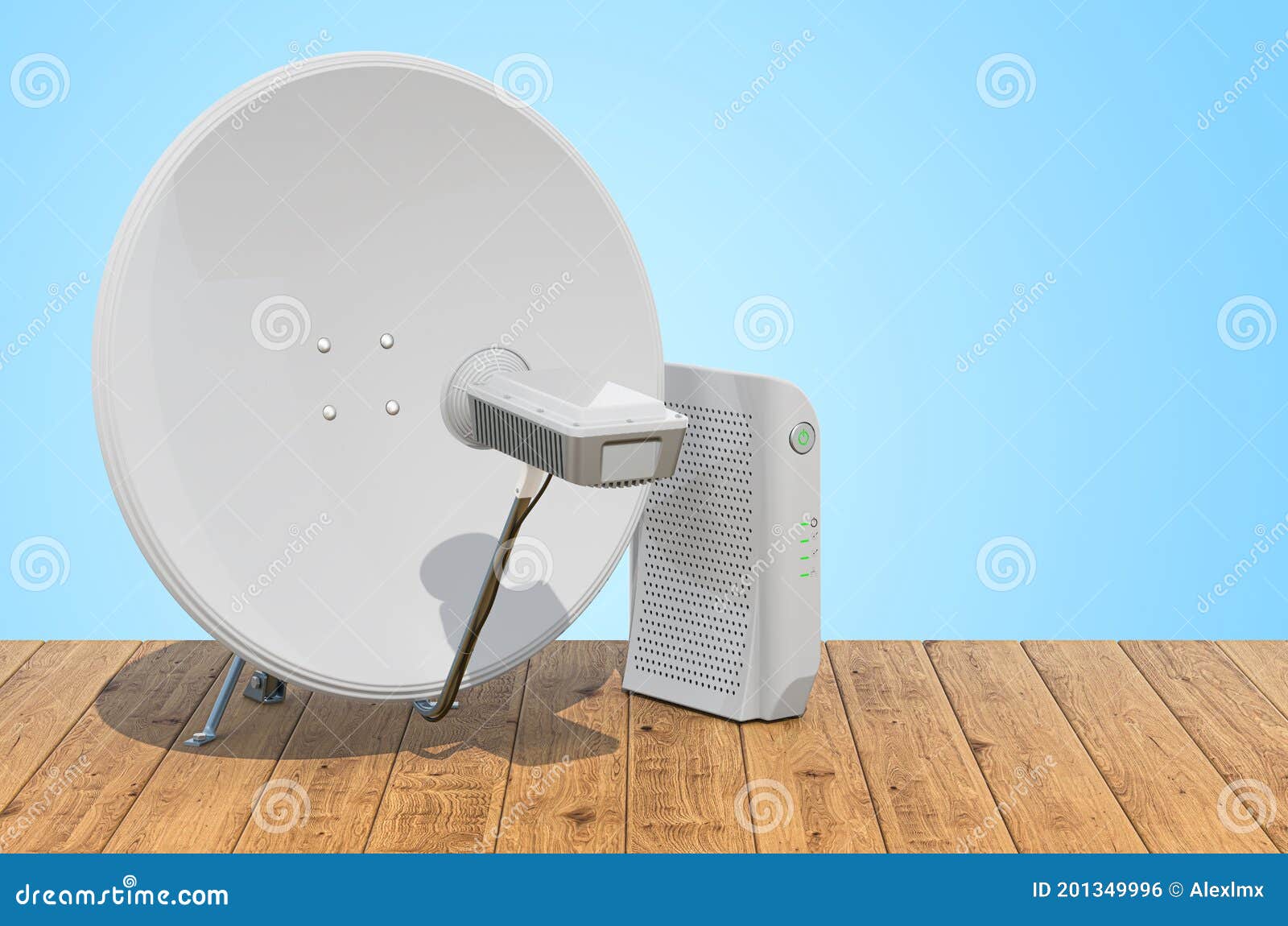 Communication Satellite Dish with Satellite Modem on the Wooden Planks ...
