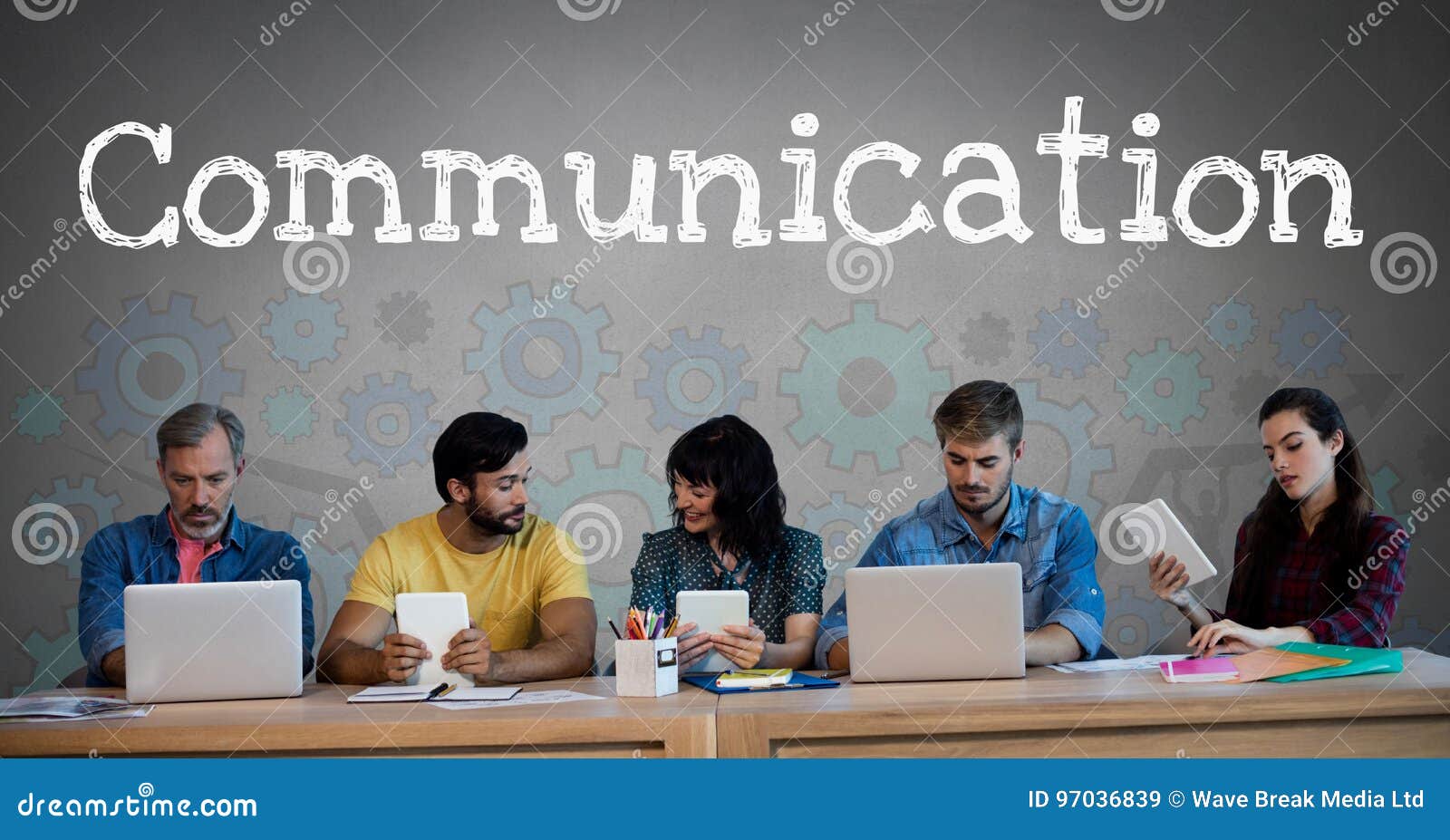 Communication Text and Group of People on Devices in Front of Cog ...