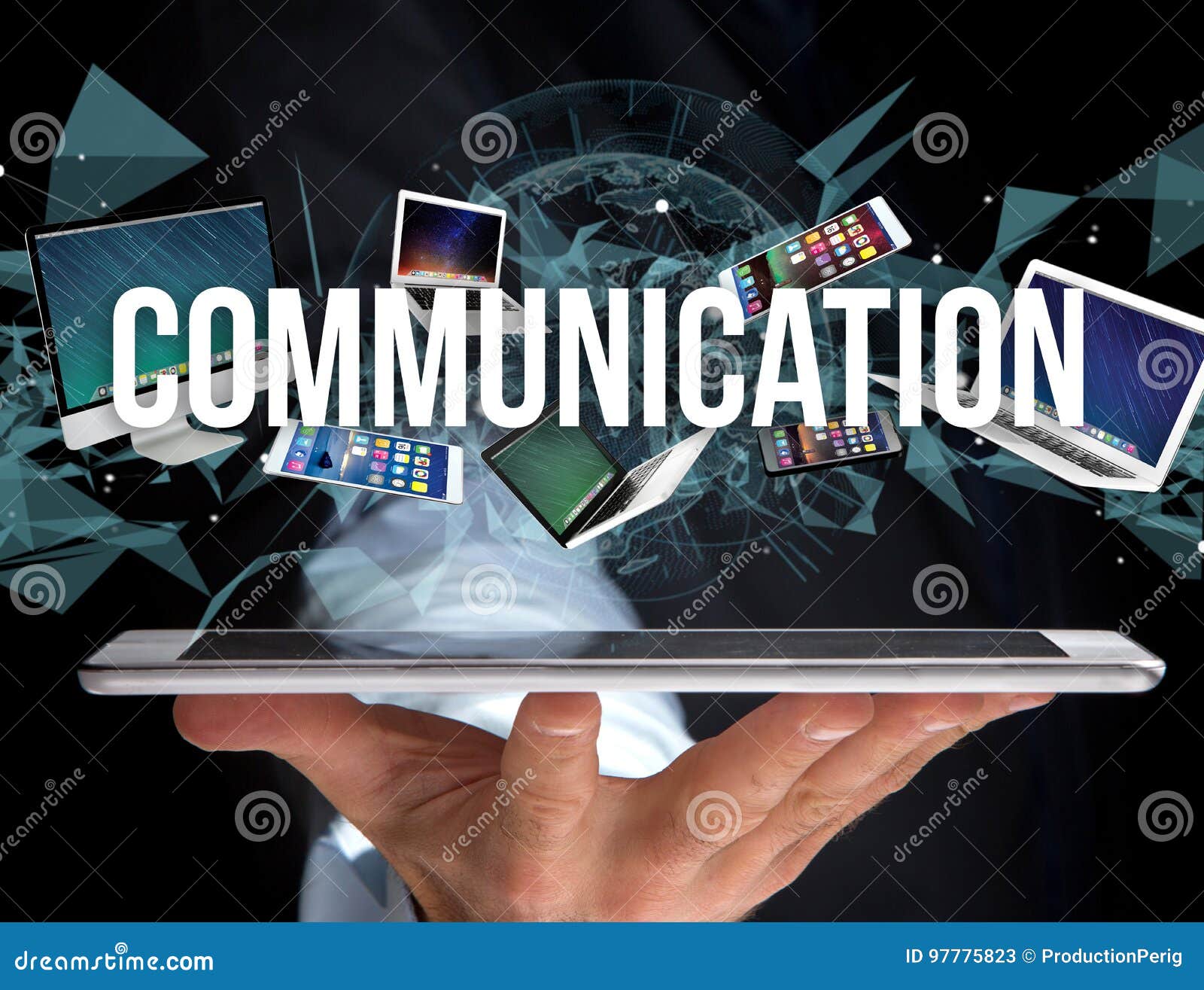 Communication Title Surounded by Device Like Smartphone, Tablet Stock ...