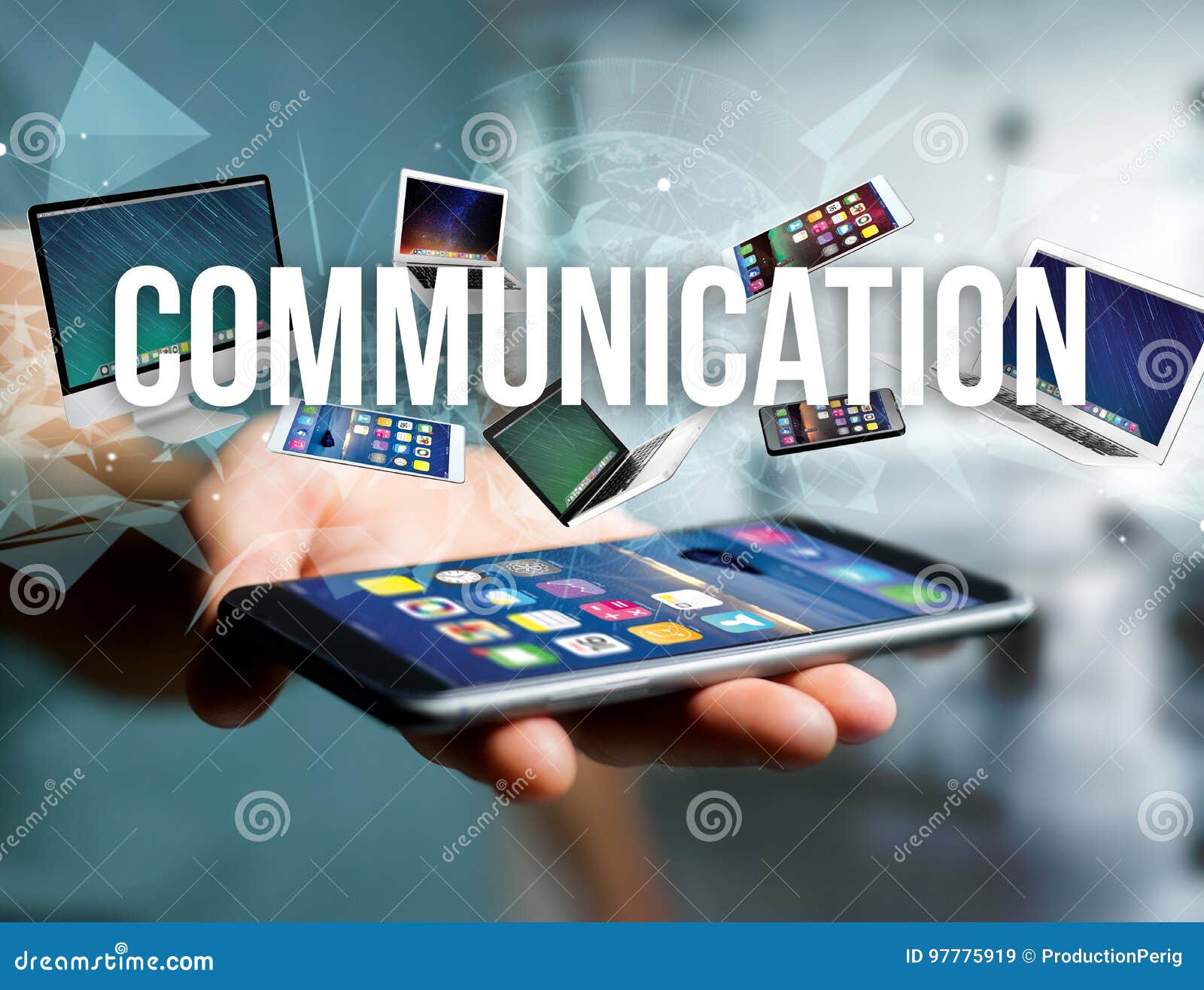 Communication Title Surounded by Device Like Smartphone, Tablet Stock ...