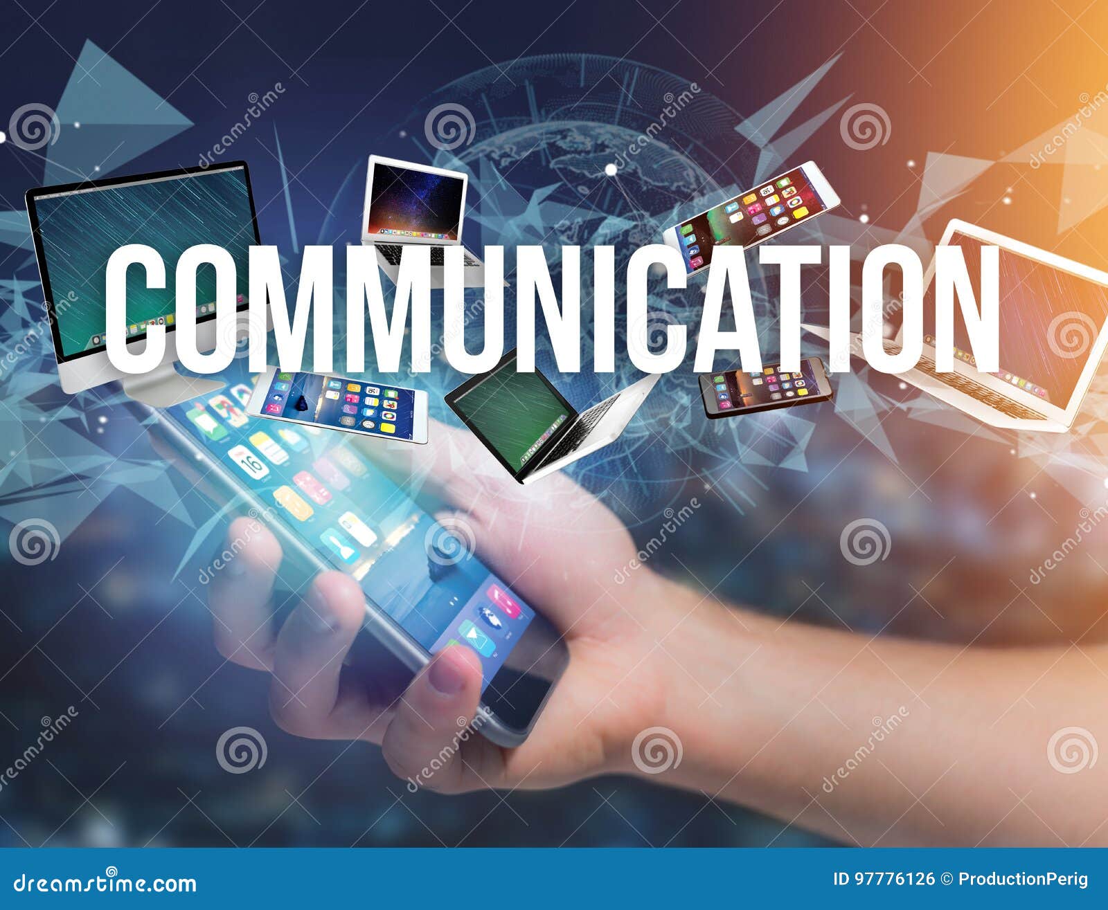 Communication Title Surounded by Device Like Smartphone, Tablet Stock ...