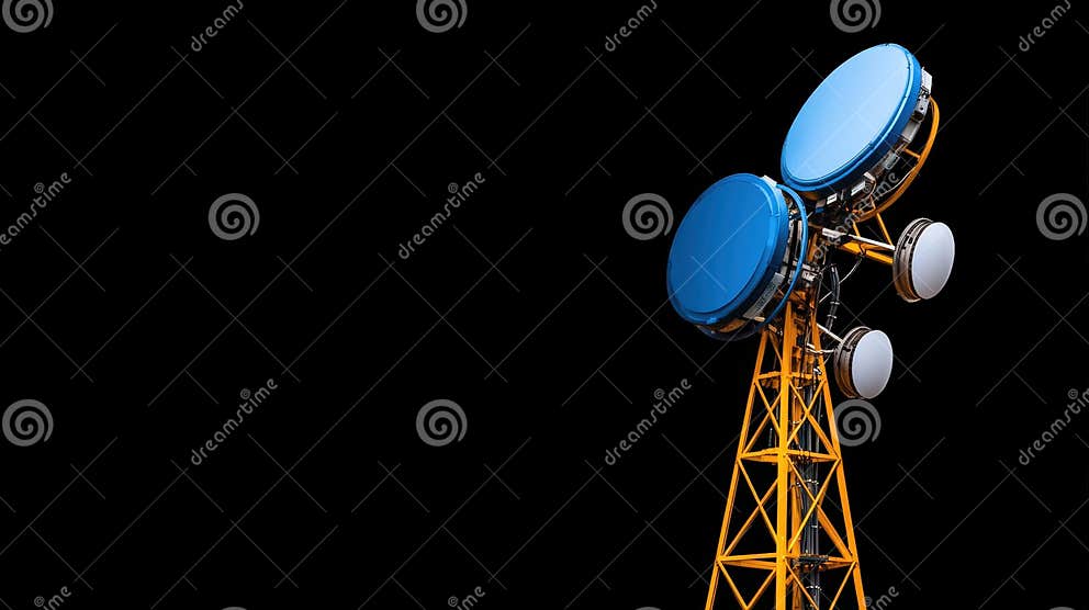 Communication Tower with Blue Antennas on a Black Background Stock ...
