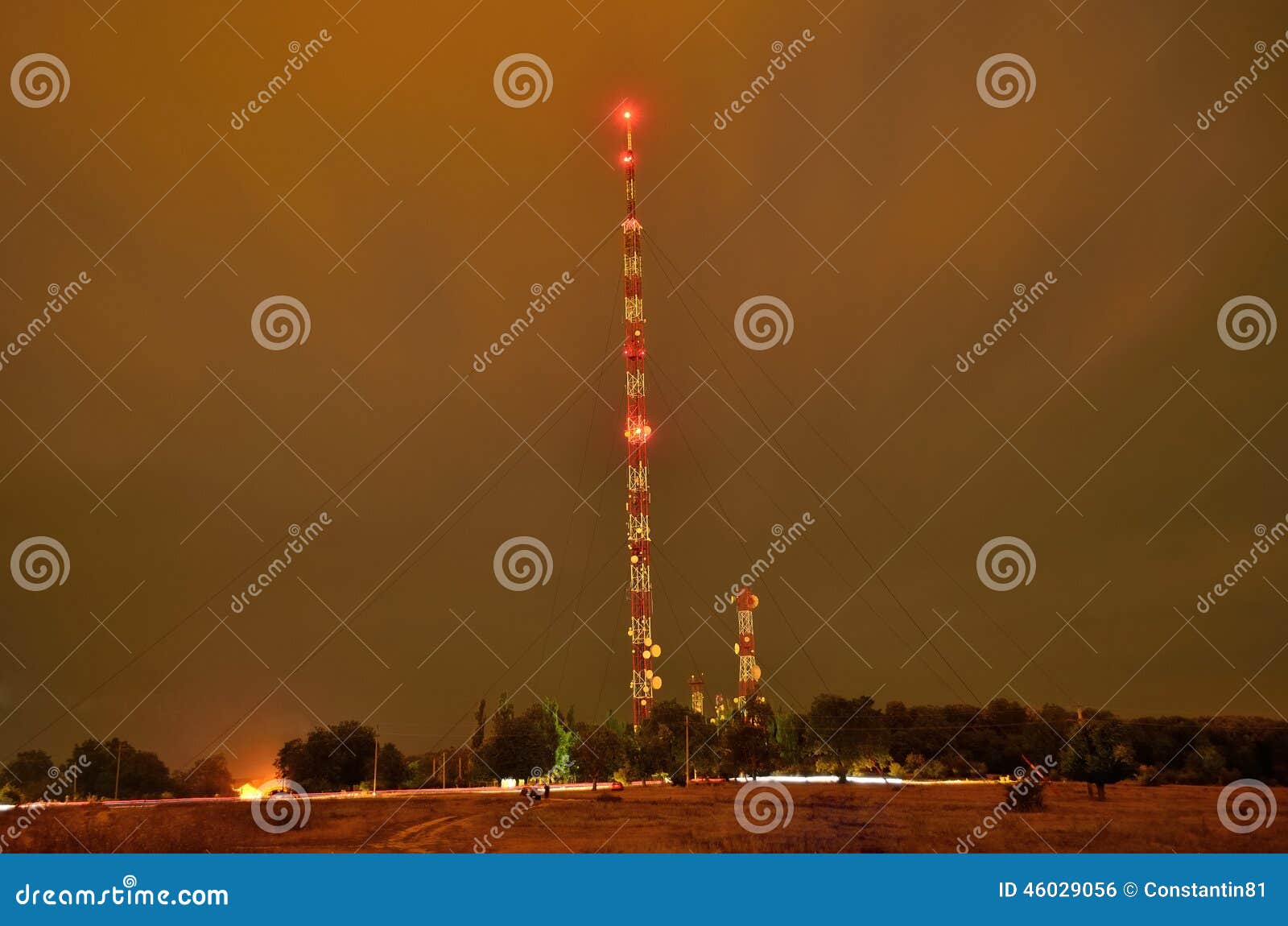 Communication Tower at Night Stock Photo - Image of wirelessly, antenna ...