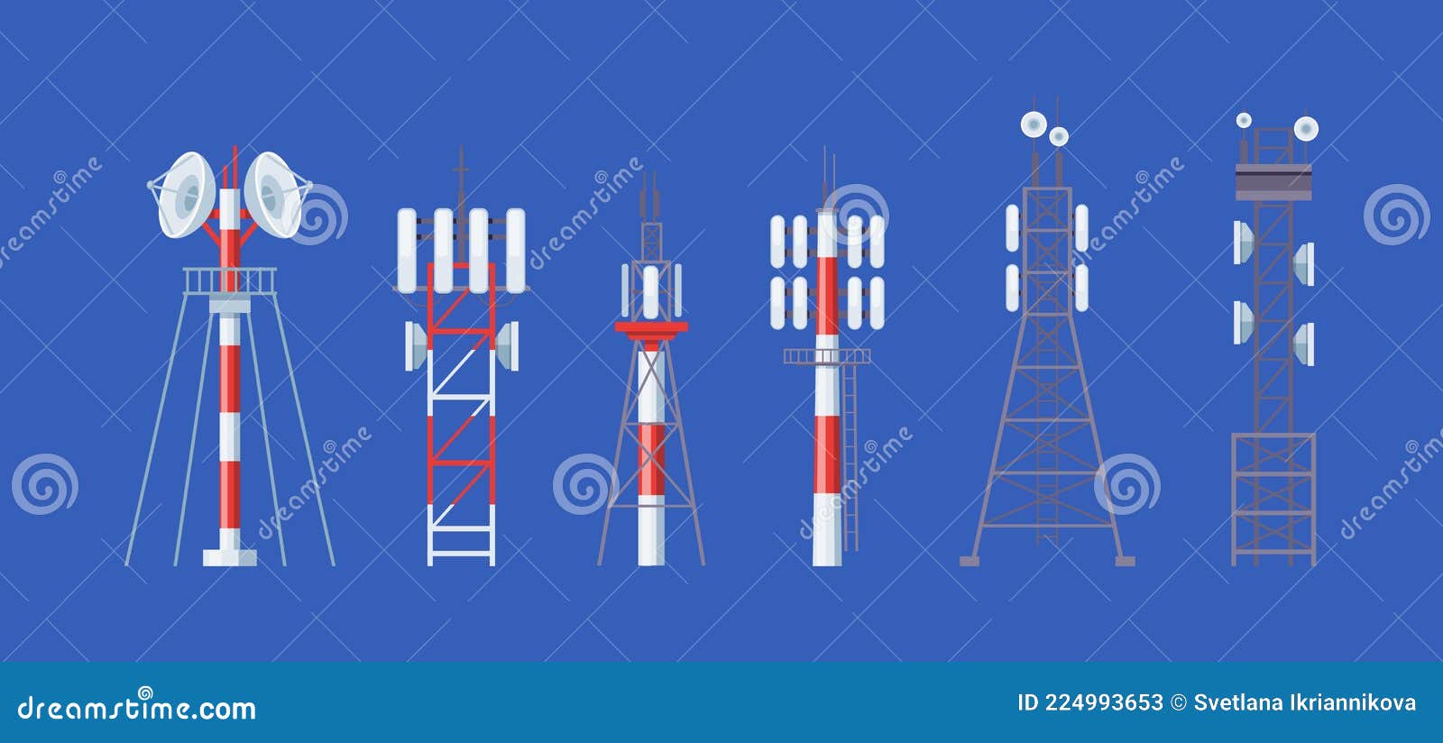Communication Towers Set Radio Wireless Masts And Telecommunication