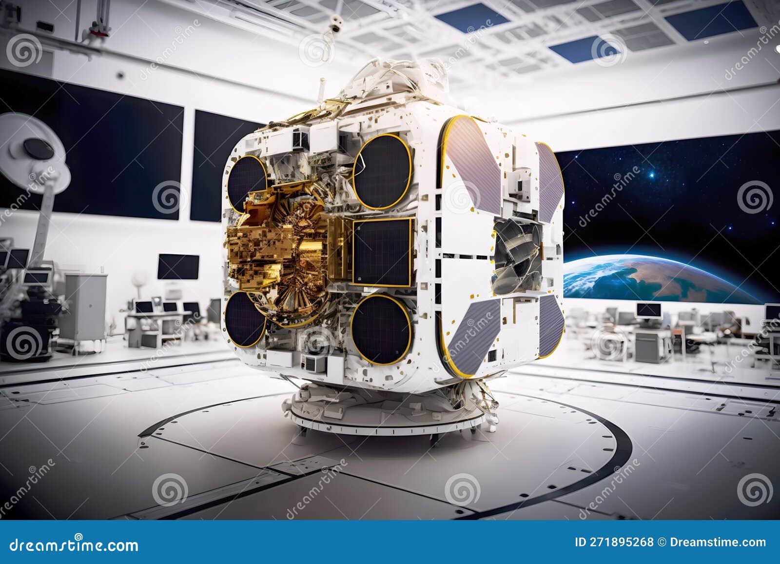 A Communications Satellite Being Constructed Inside a Spacecraft with ...