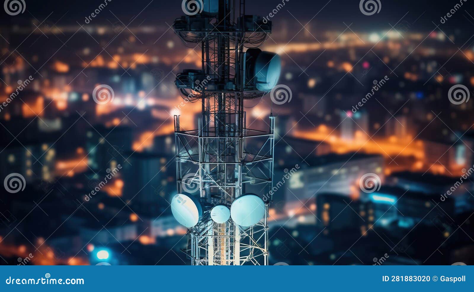 Communications Tower, Antenna for the 5G Cellular Network Atop a in a ...