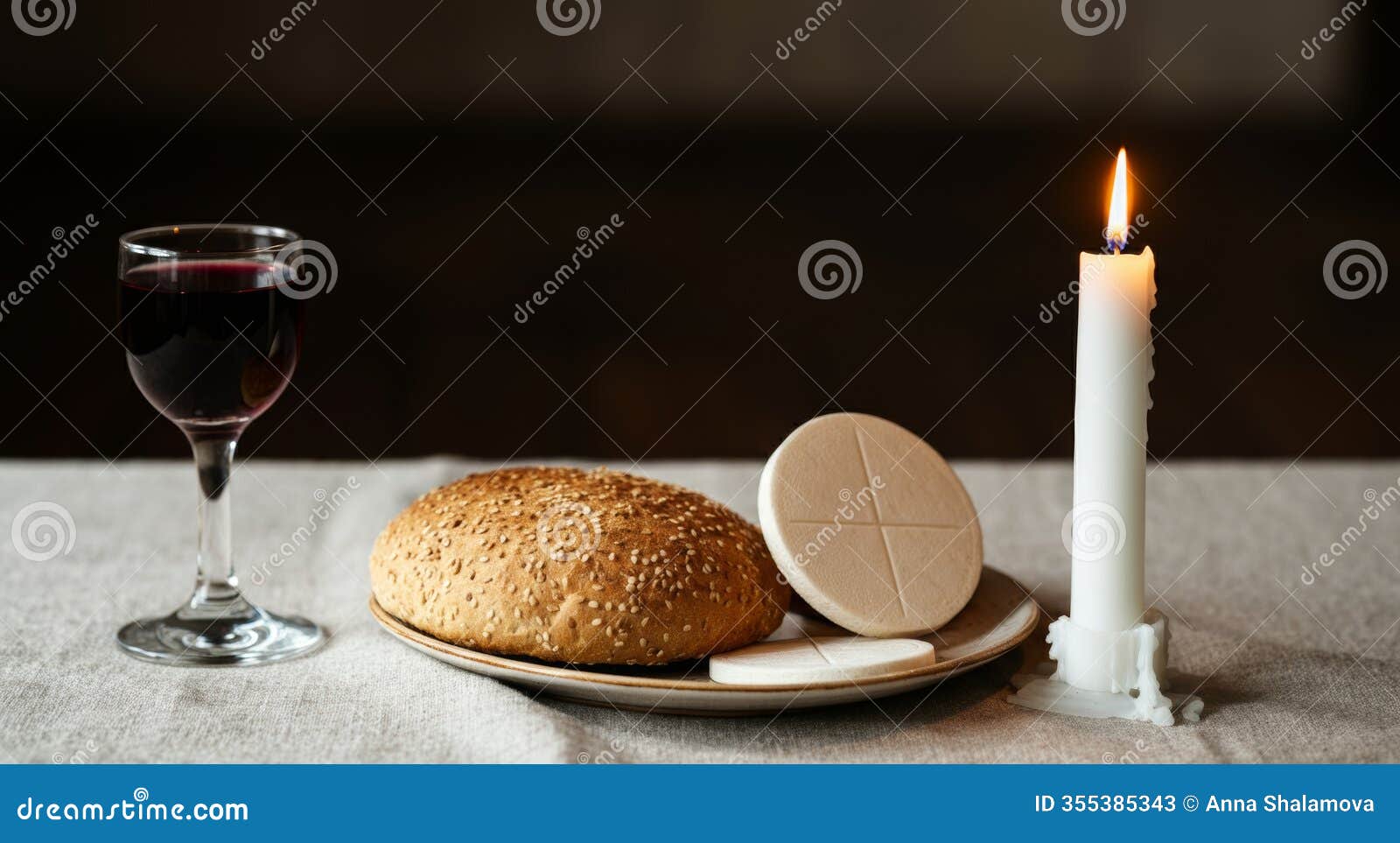 Communion Setup with Bread, Wine, and Candle on Table. Symbolizing ...