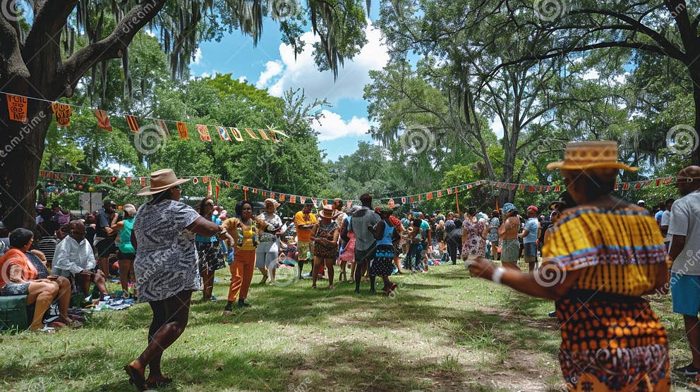 Community Dancing Under Juneteenth Decorations in a Park, Celebrating ...