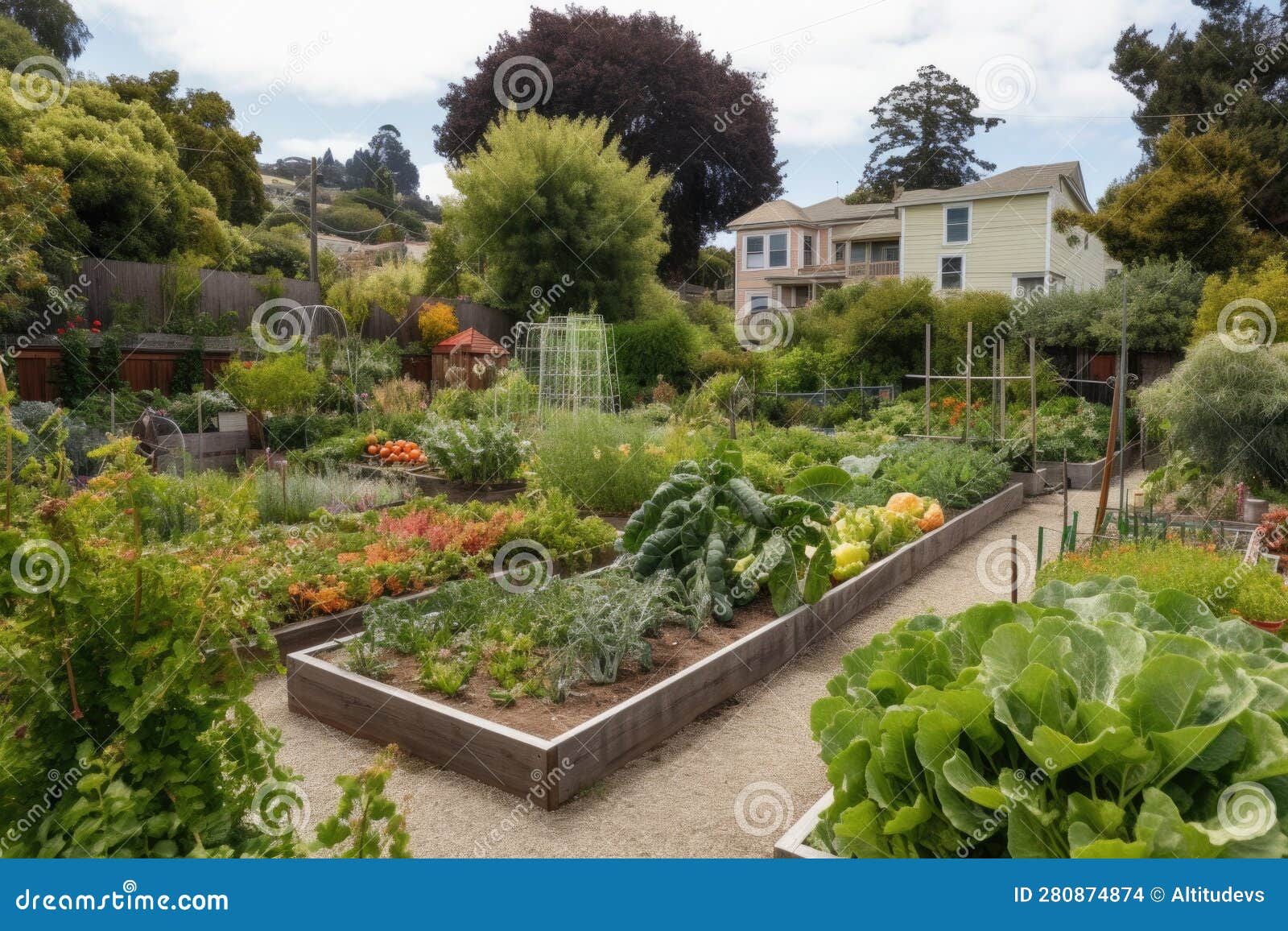 Community Garden with Vegetable and Fruit Gardens, Bordered by Hedges ...