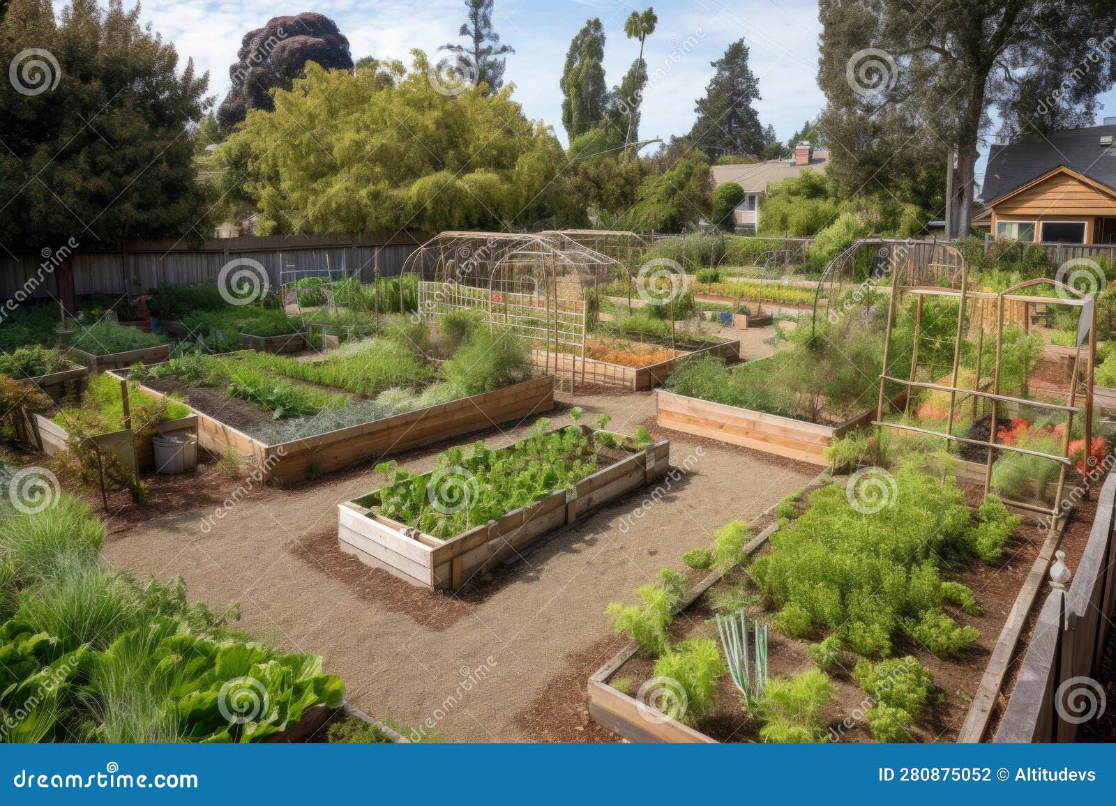 Community Garden with Vegetable and Fruit Gardens, Bordered by Hedges ...