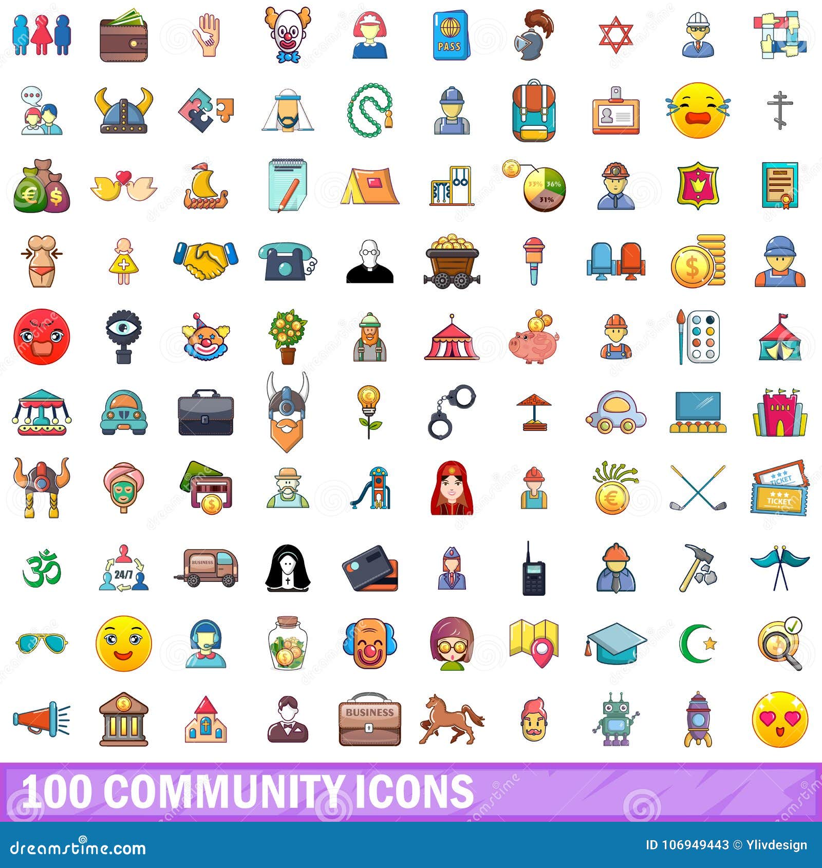 100 Community Icons Set, Cartoon Style Stock Vector - Illustration of ...
