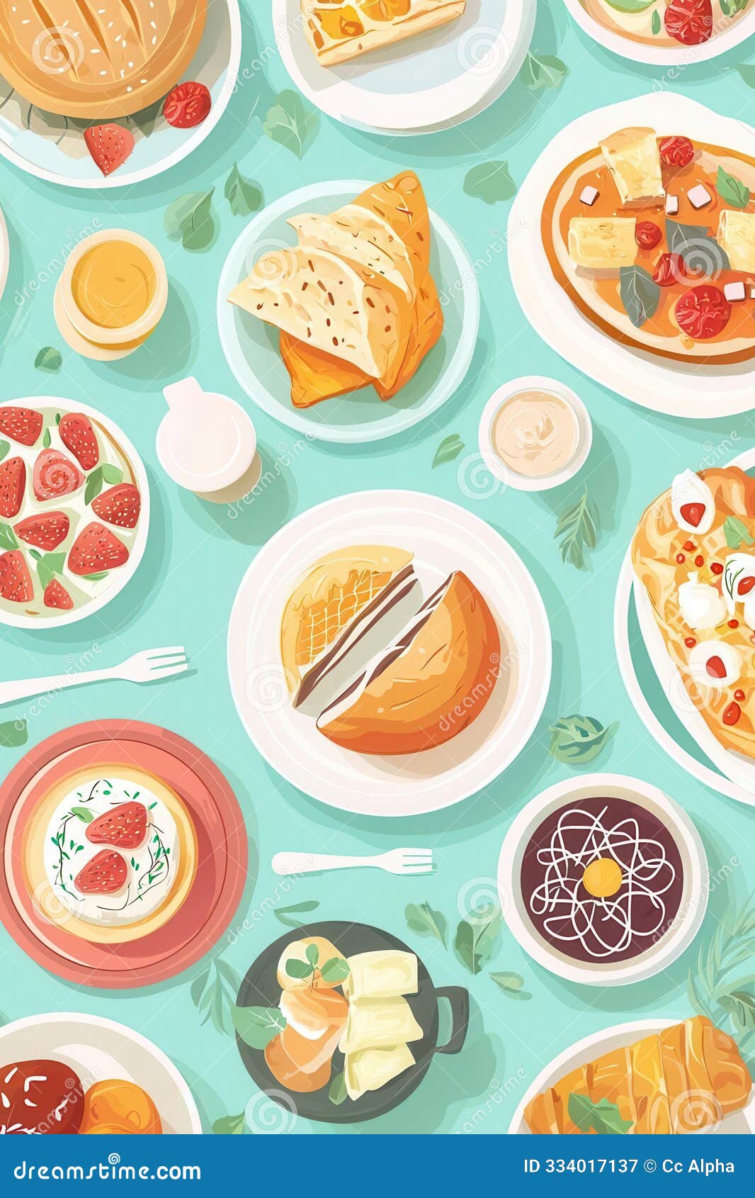 Community Potluck, Table with Various Dishes, Flat Design Illustration ...