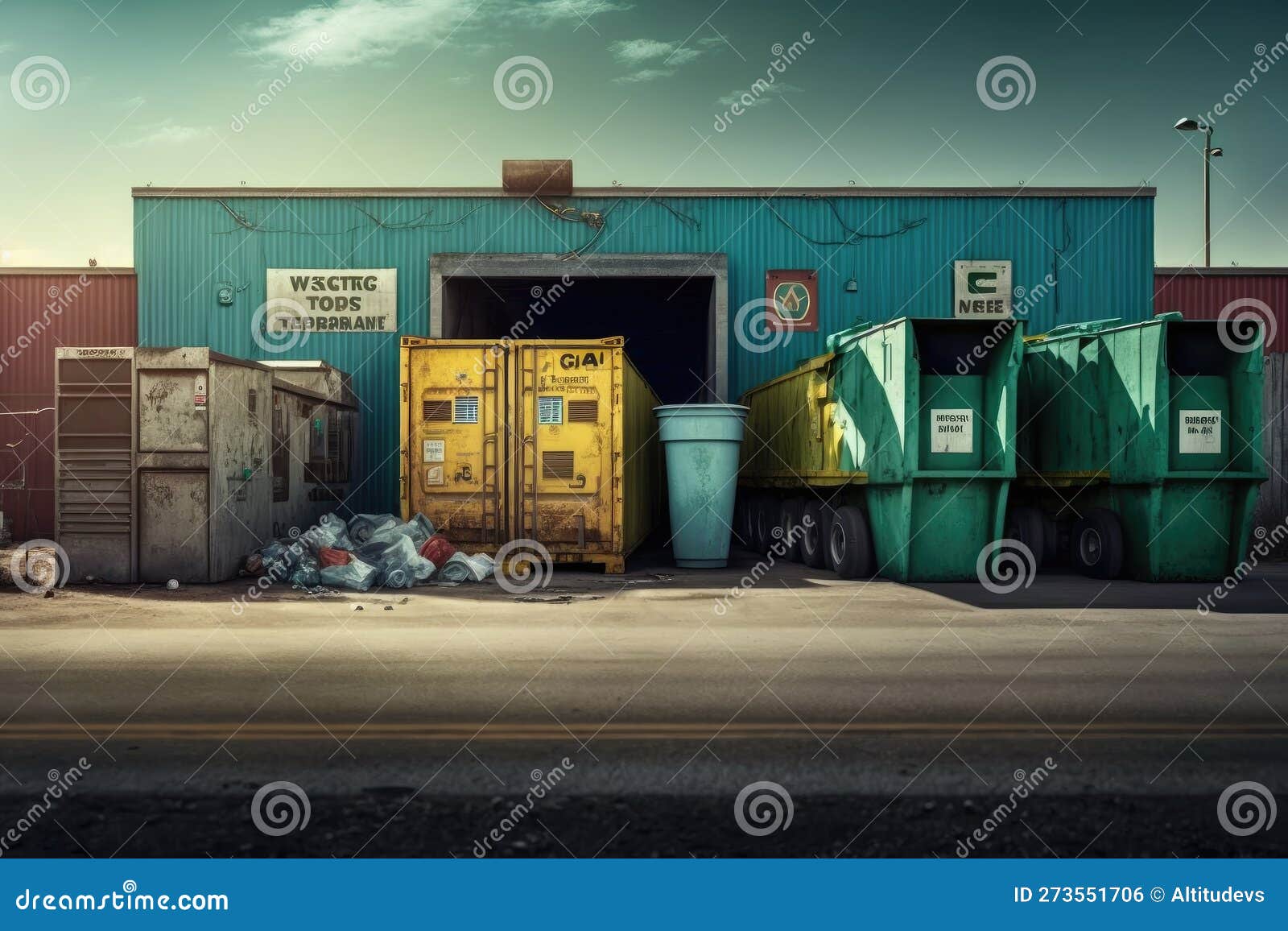 A Community Recycling Center, With Bins, Containers And Trucks For ... A Community Recycling Center, With Bins, Containers And Trucks For ...