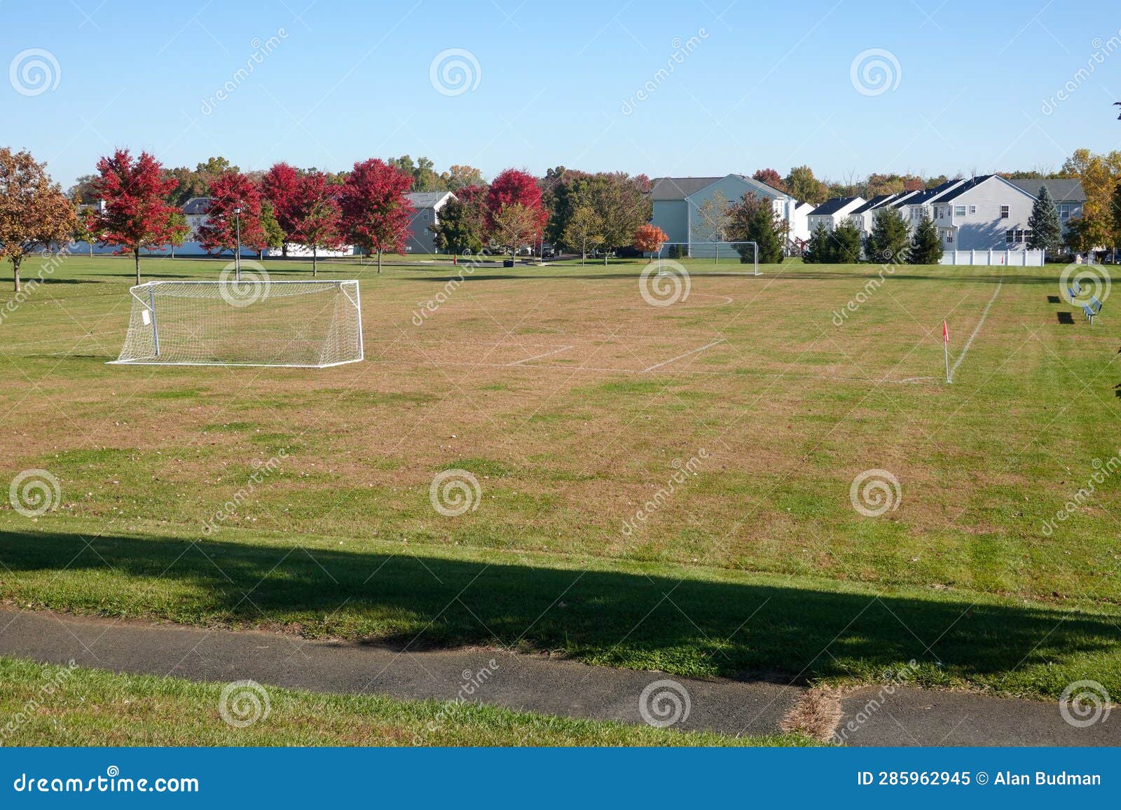 Community Soccer Field in the Fall with Goals Trees with Leaves ...