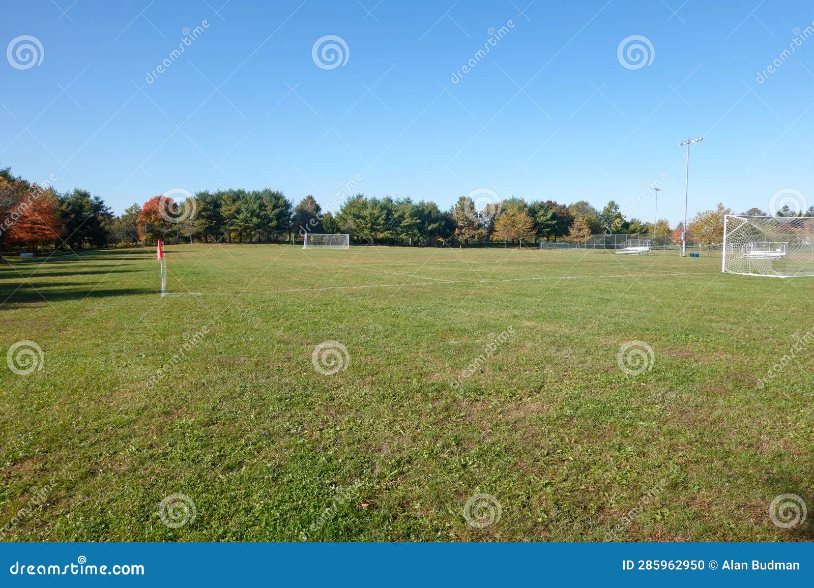 Community Soccer Field in the Fall with Goals Trees with Leaves ...