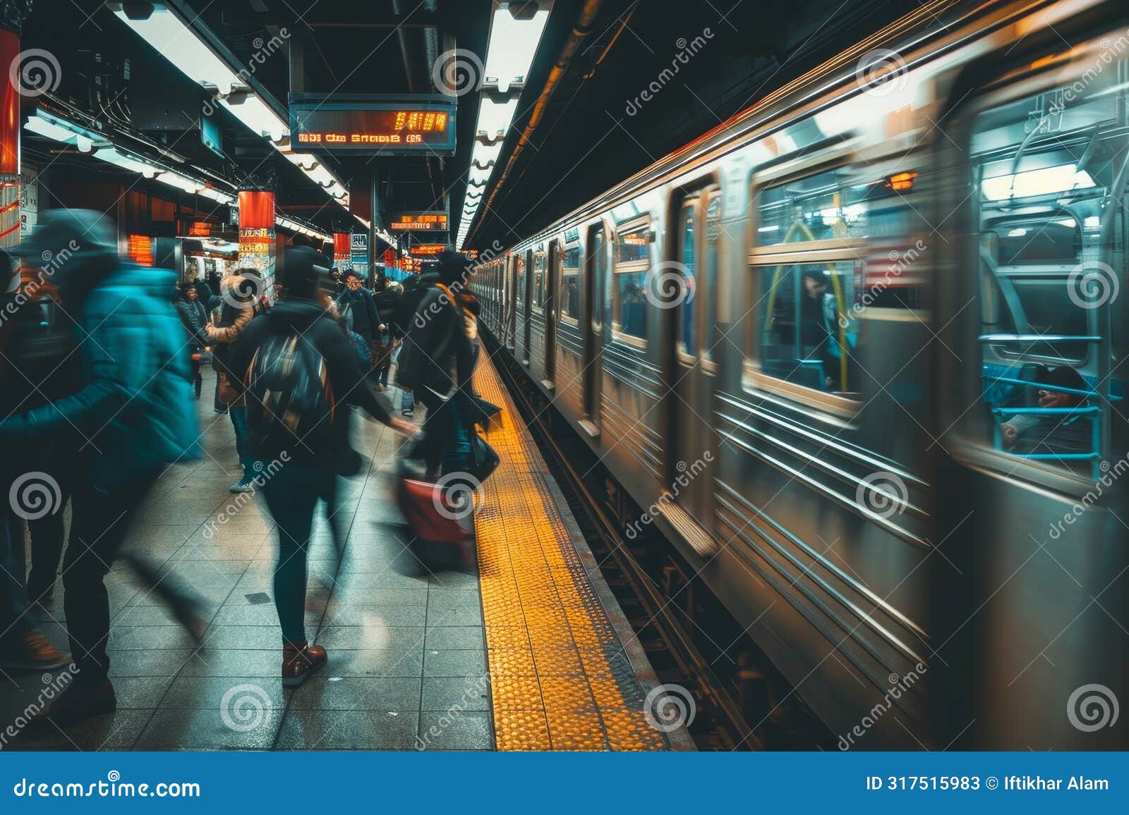 Commuters Rushing On A Crowded Subway Platform, Moving Towards Their ...