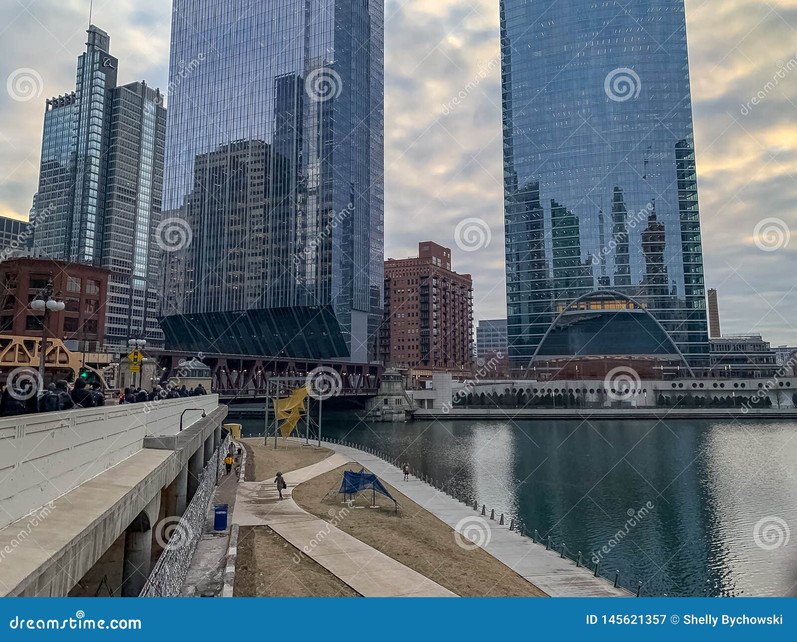 Commuters Walk on Upper Wacker and on Chicago Riverwalk Along Lower ...