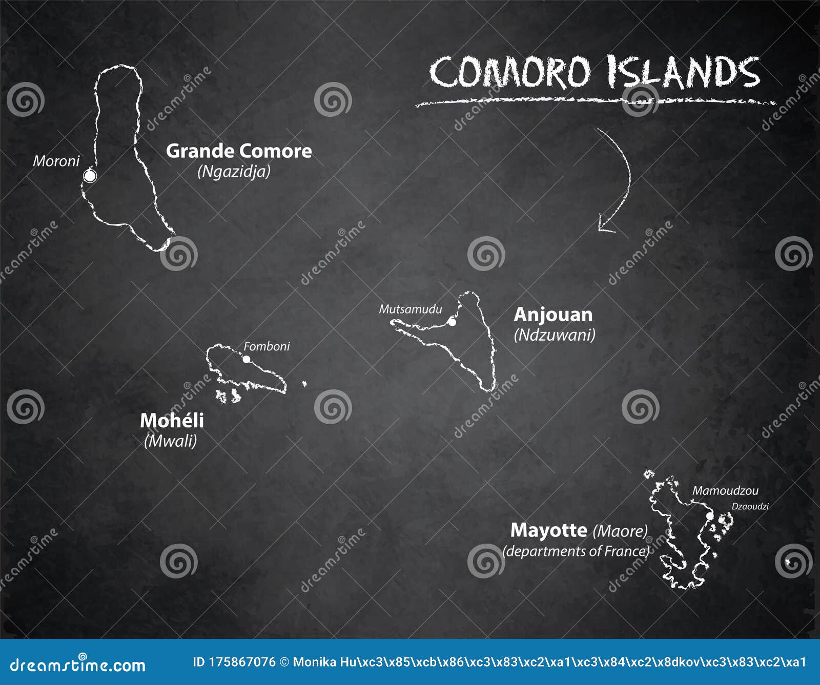 Comoro Islands Map, Design Card Blackboard Chalkboard Stock Vector ...