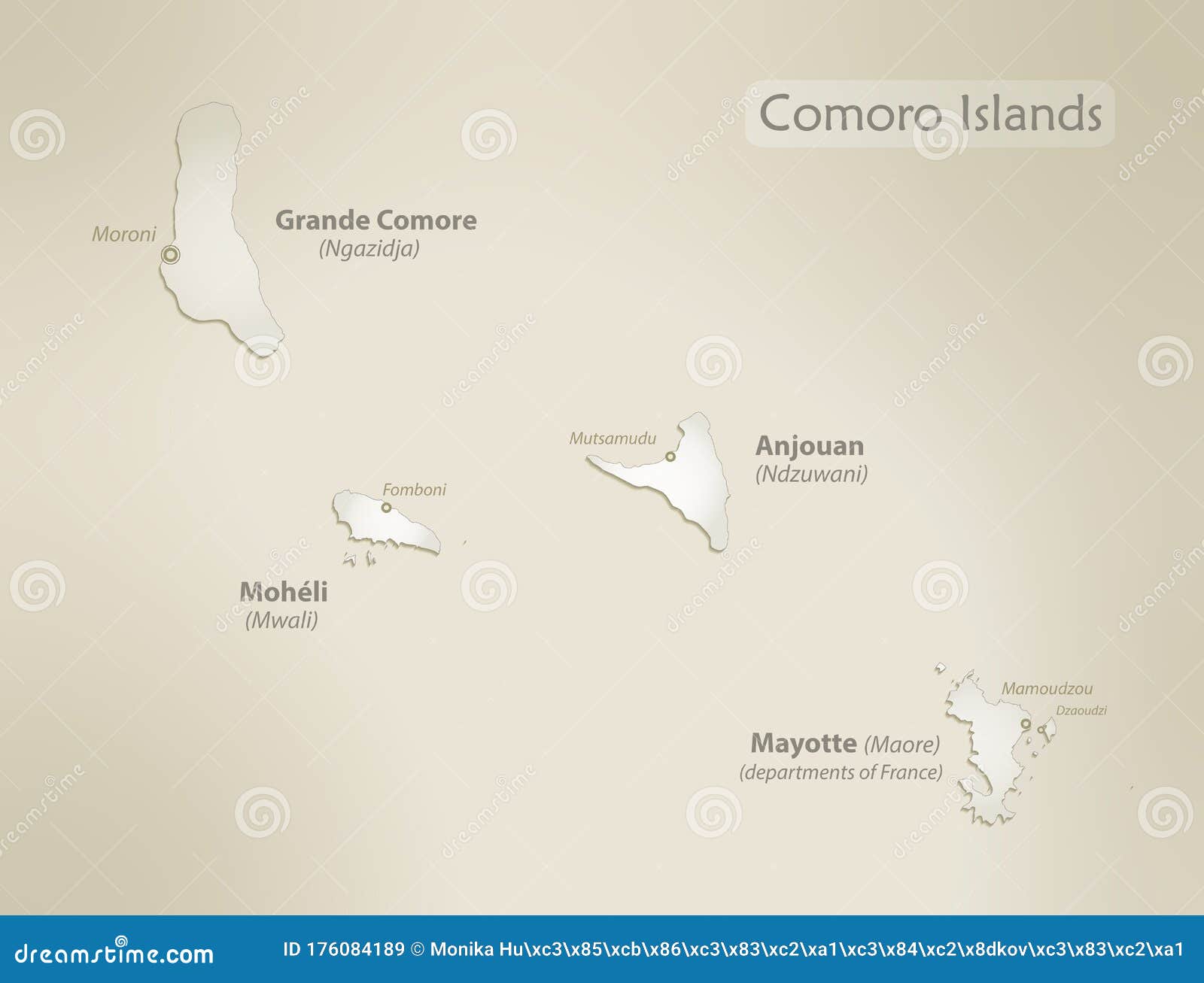 Comoro Islands Map, Administrative Division, Separate Individual ...