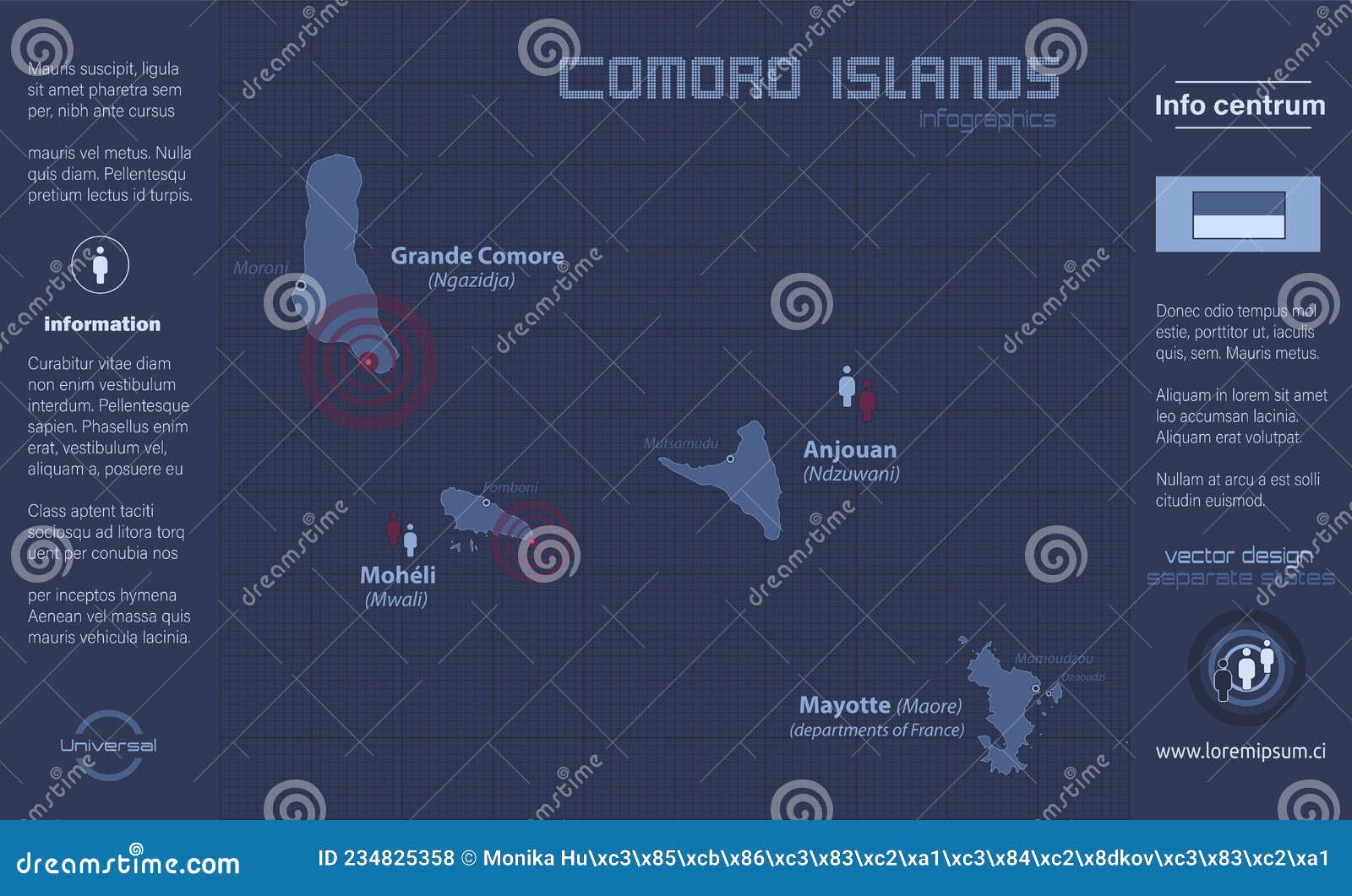 Comoro Islands Map, Separate Regions with Names, Infographics Blue Flat ...