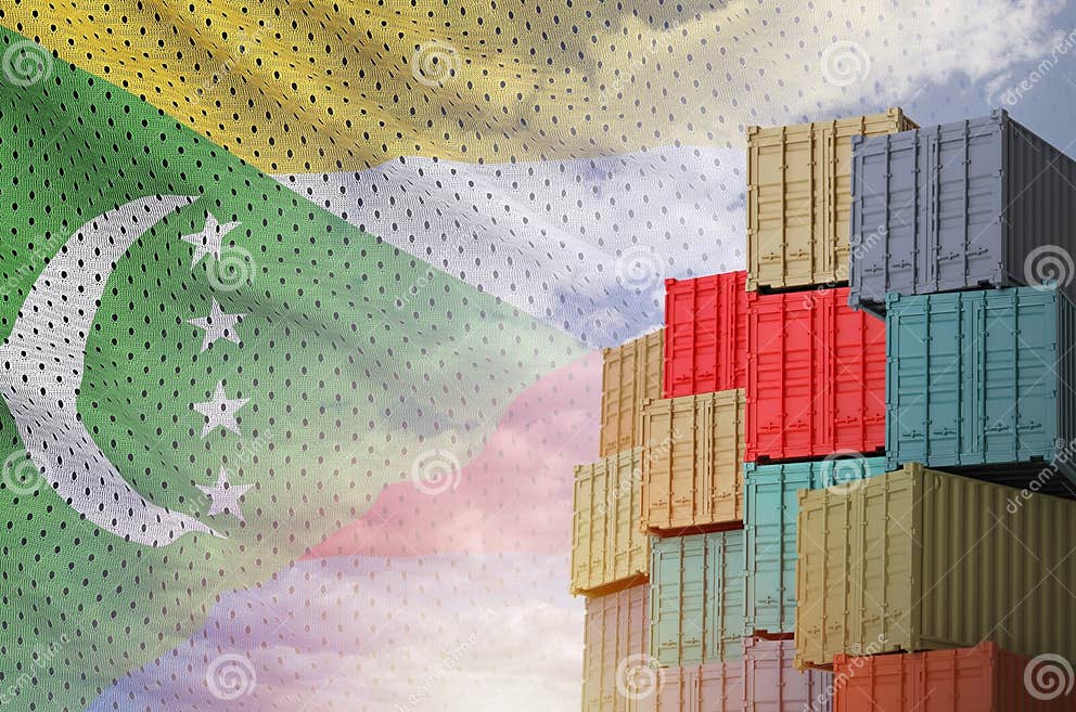 Comoros Flag and Big Stack of Shipping Cargo Containers in Docks with ...