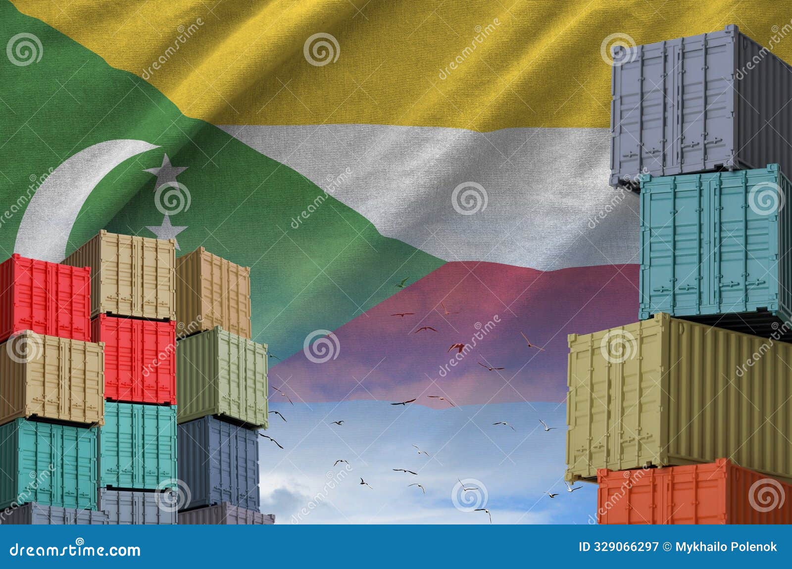 Comoros Flag and Big Stack of Shipping Cargo Containers in Docks with ...