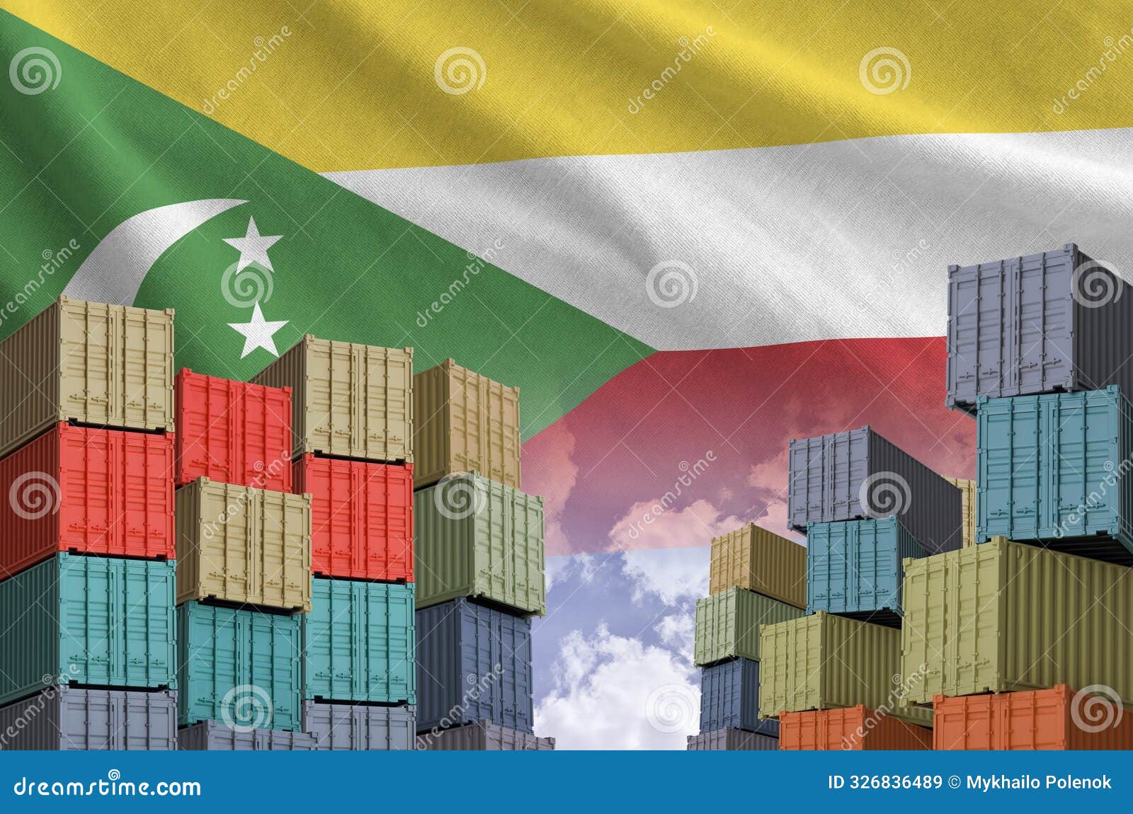 Comoros Flag and Big Stack of Shipping Cargo Containers in Docks with ...