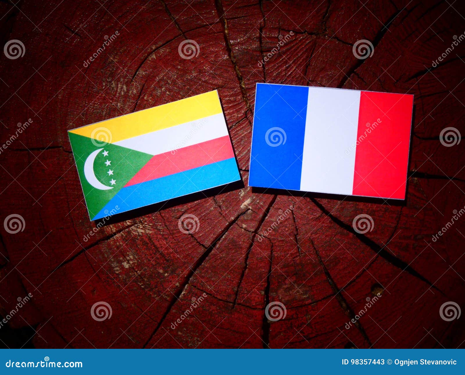 Comoros Flag with French Flag on a Tree Stump Isolated Stock Image ...