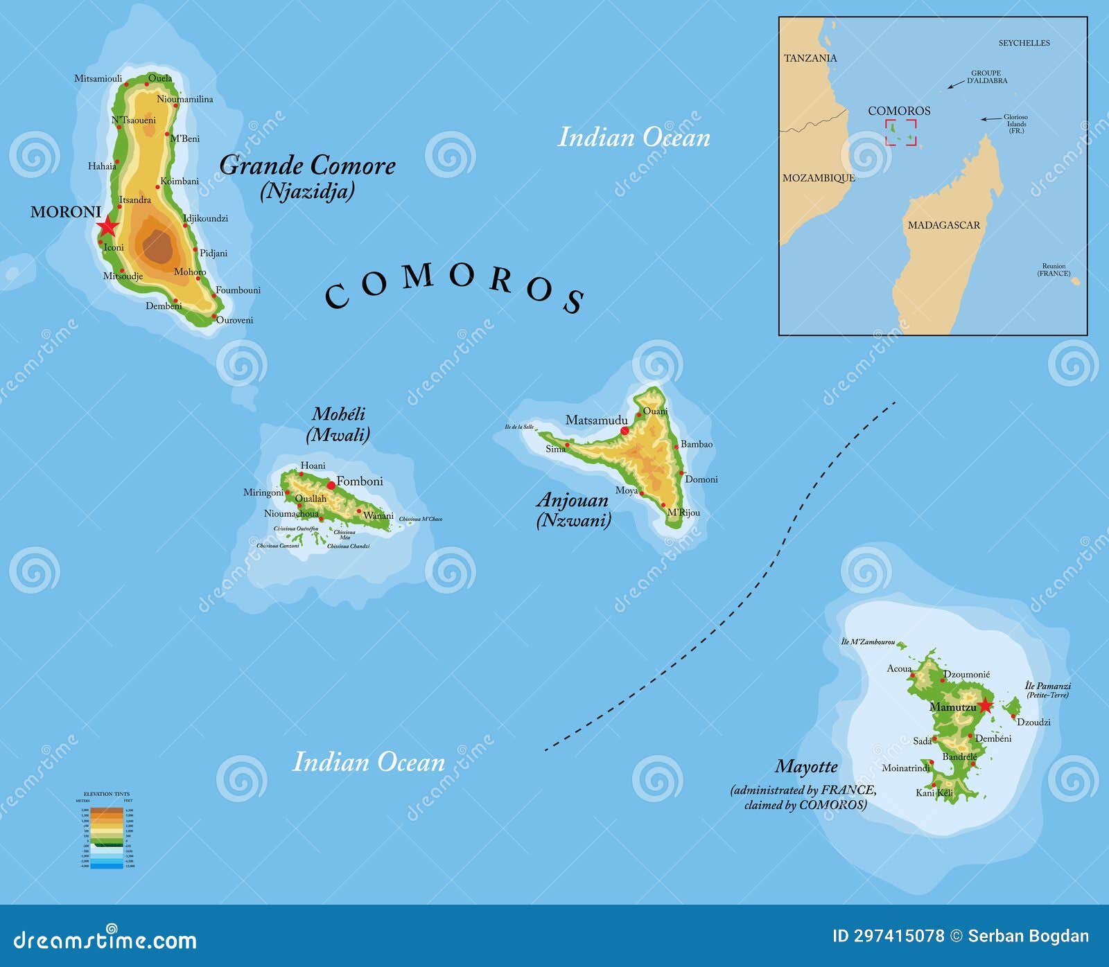 Comoros Islands Highly Detailed Physical Map Stock Vector ...