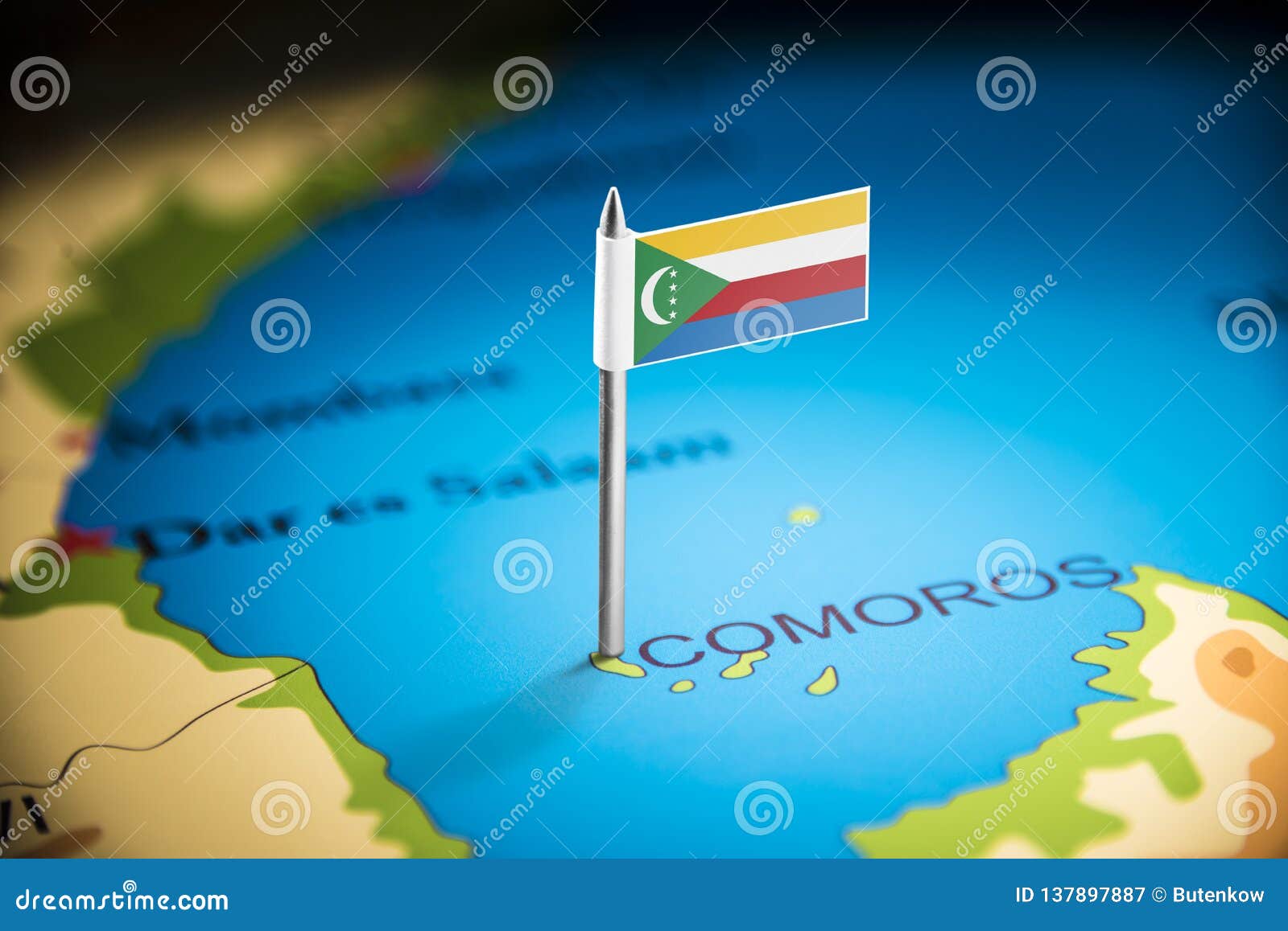 Comoros Marked with a Flag on the Map Stock Image - Image of globe ...