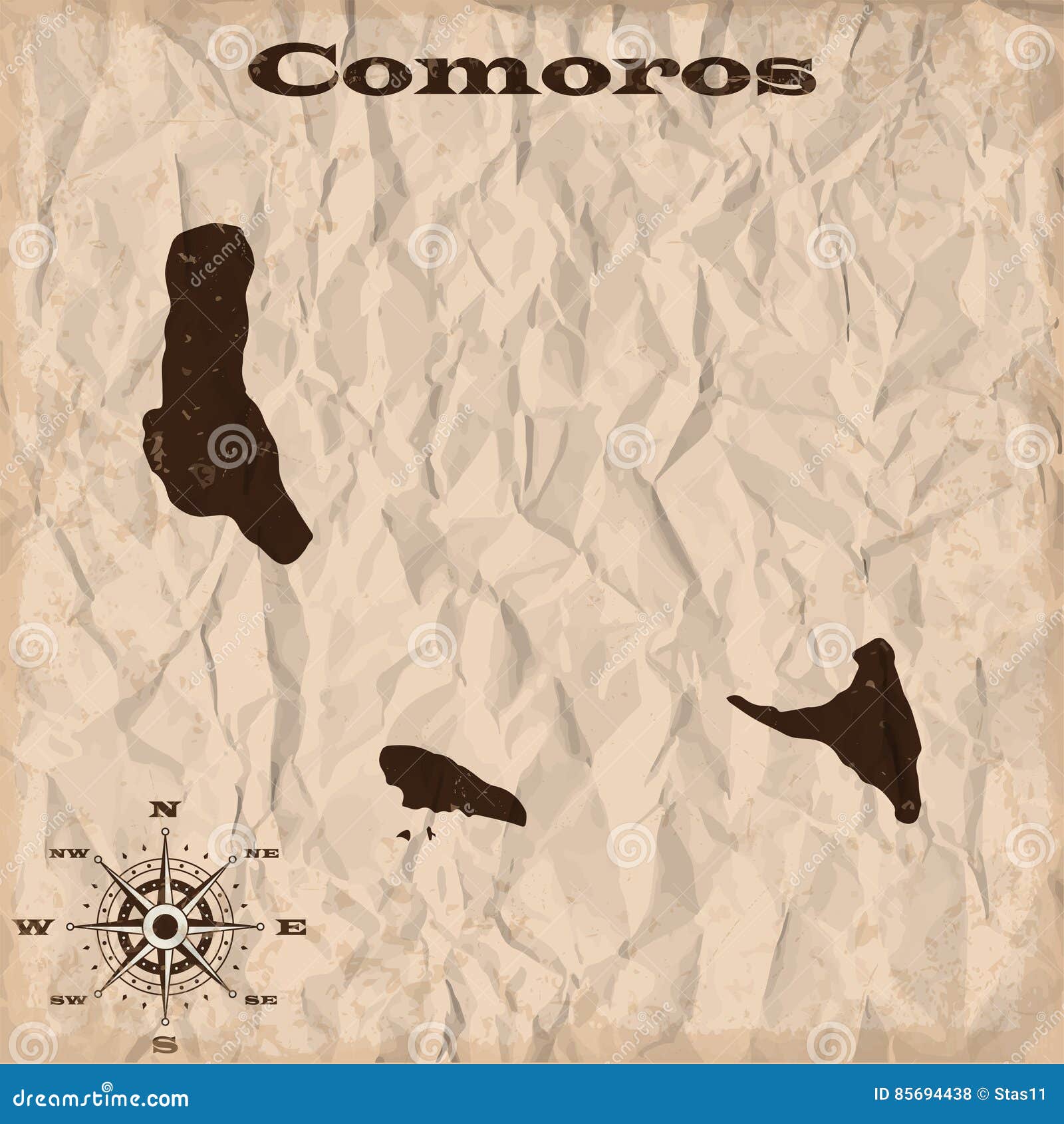 Comoros Old Map with Grunge and Crumpled Paper. Vector Illustration ...