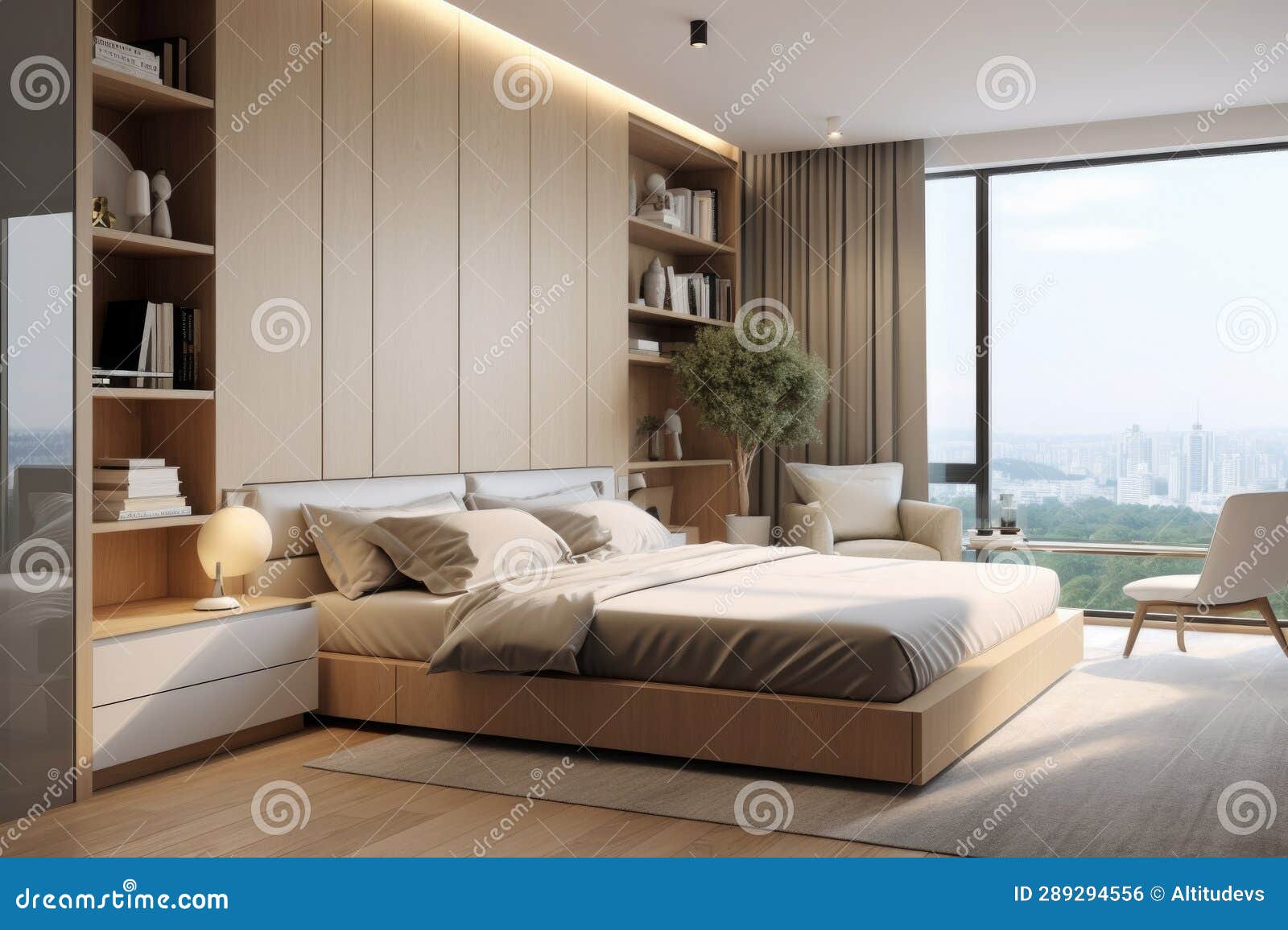Compact Bedroom with Built-in Storage Areas Stock Photo - Image of ...