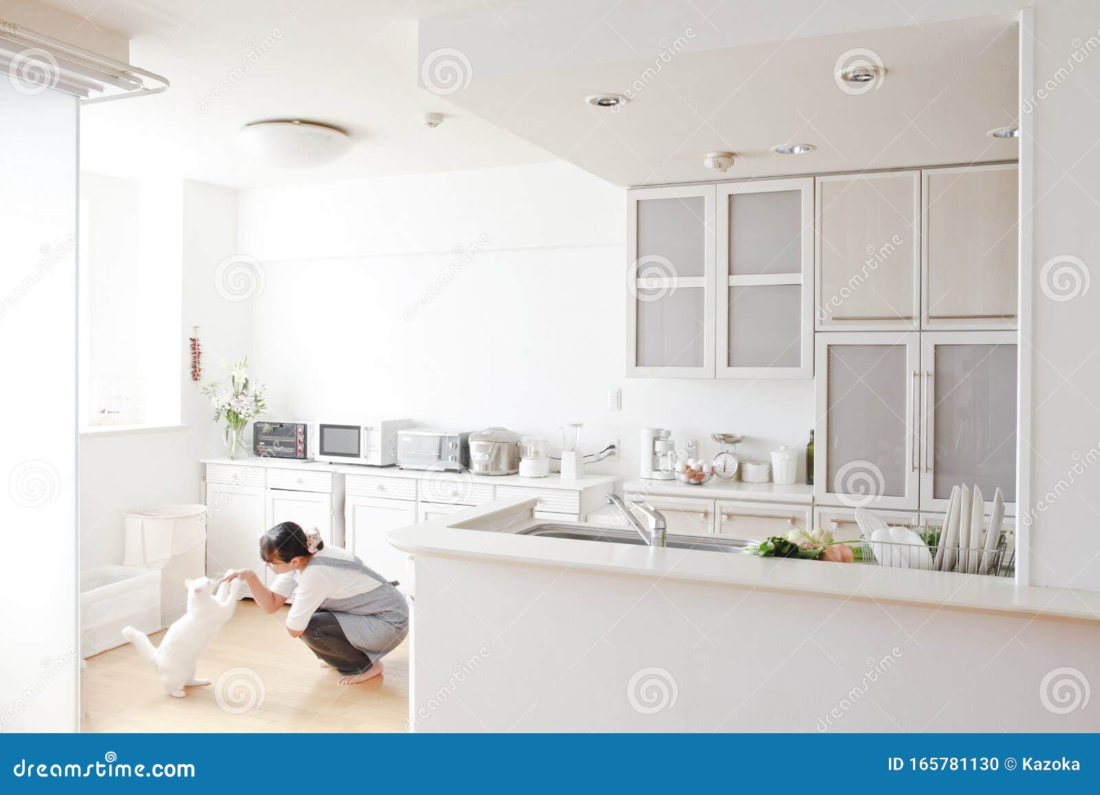 A Bright, Clean White Kitchen with a Compact Stock Photo - Image of ...