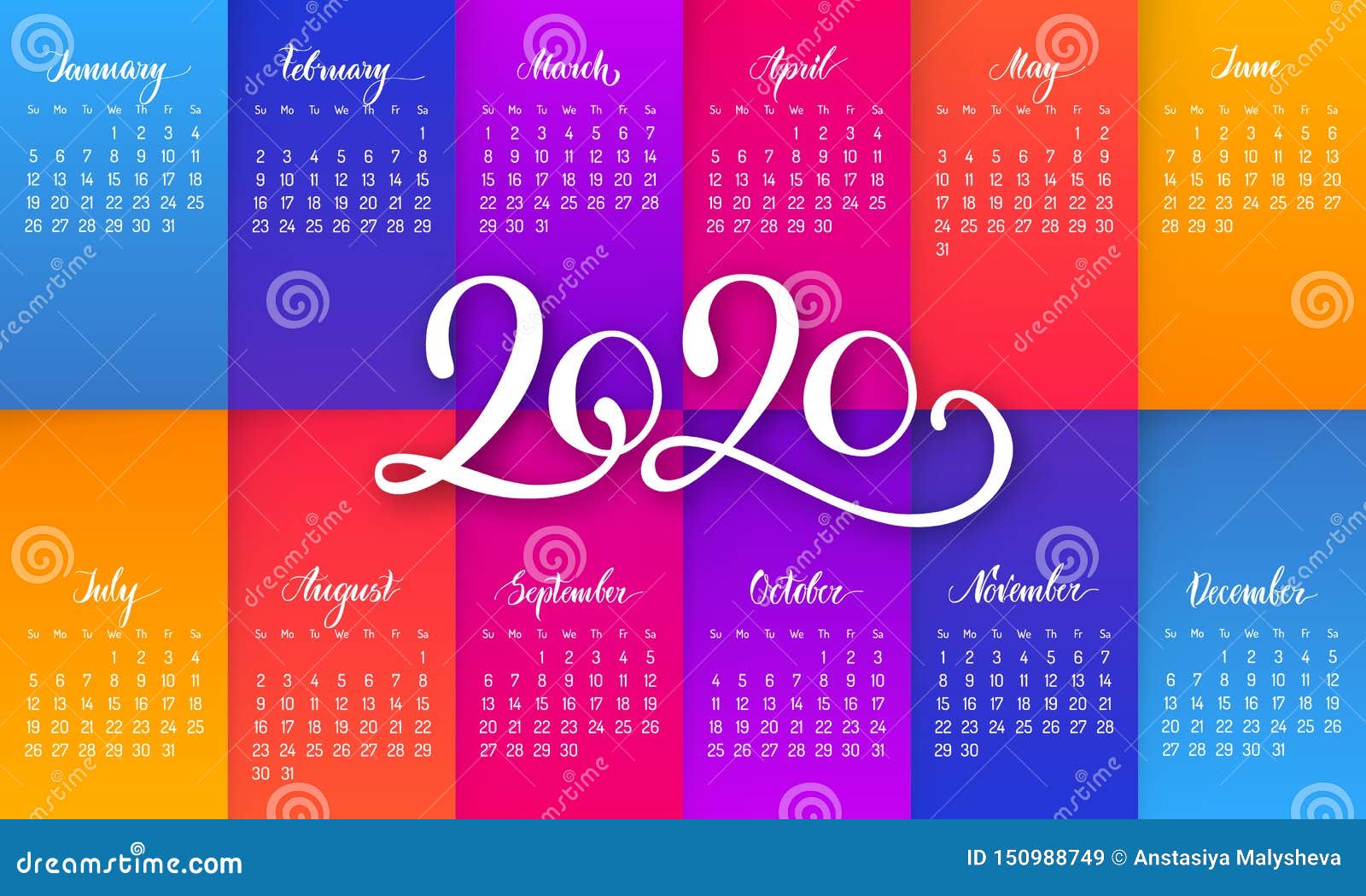 Compact Calendar Layout for 2020 Year Stock Vector - Illustration of ...