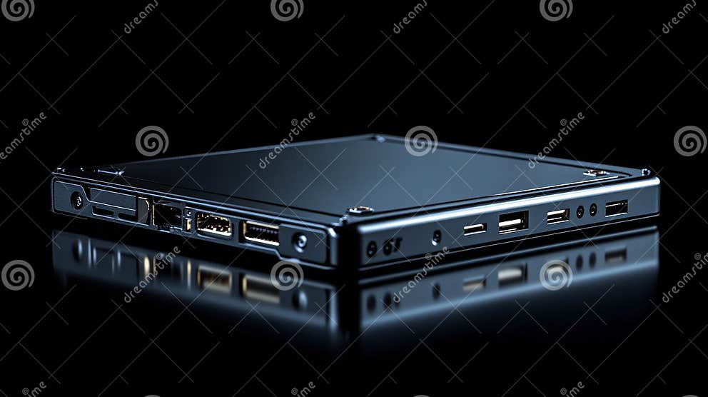 Compact Device Showcasing Multiple Ports for Connectivity in a Dark ...